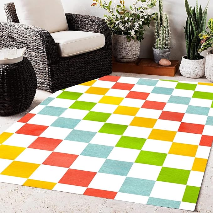 Colorful Checkered Plaid Area Rugs Thick Soft Modern Carpet For Bedroom ...