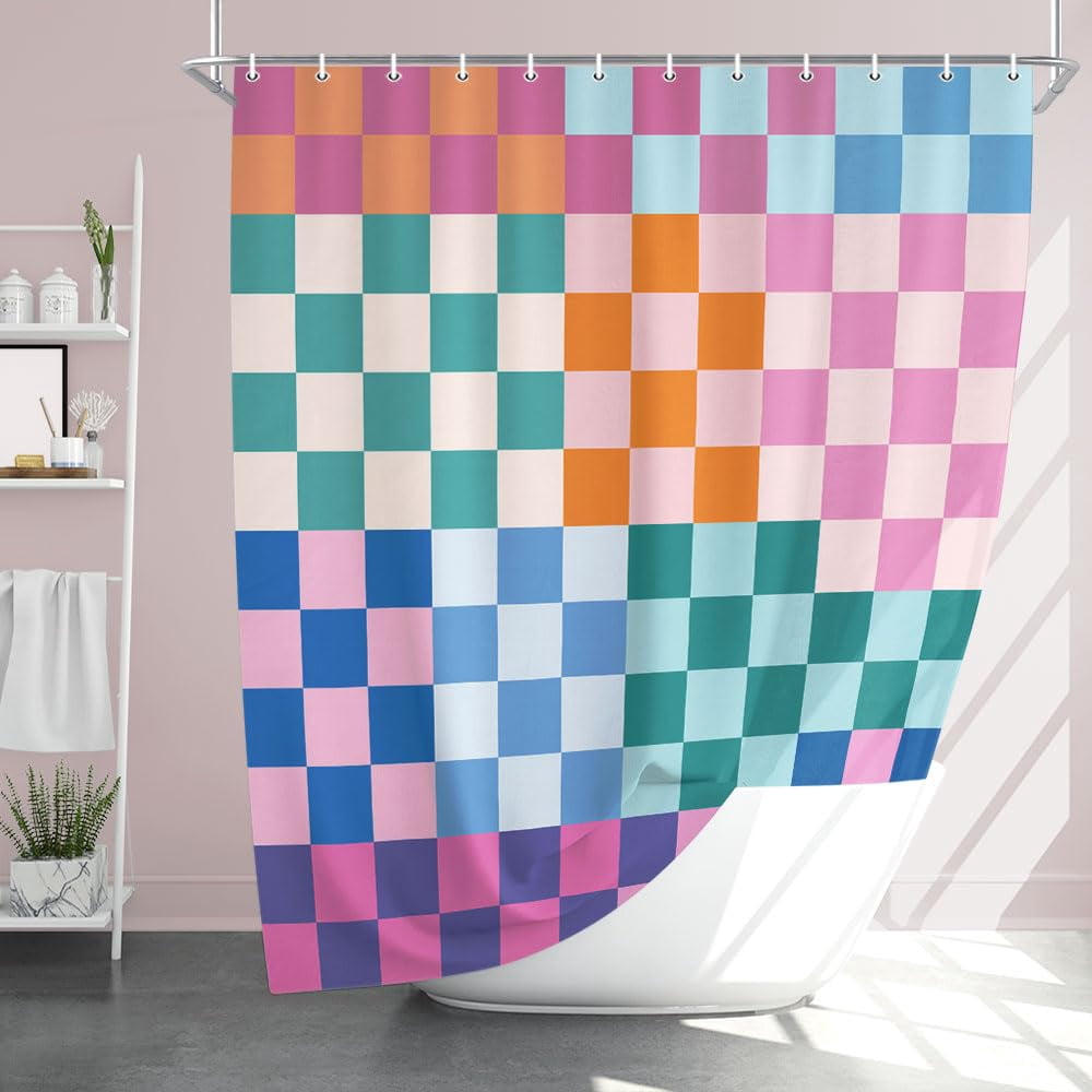 Colorful Checkered Retro Shower Curtain Aesthetic 70S Groovy Minimal ...