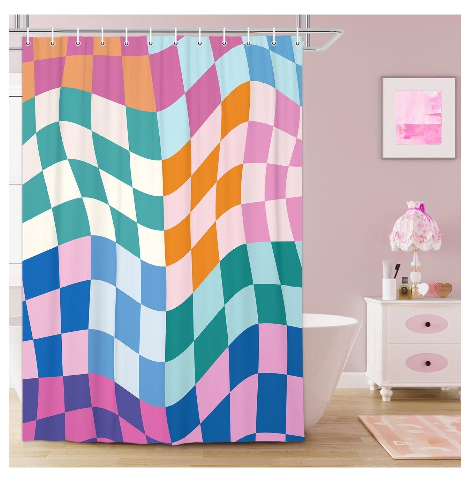 Colorful Checkered Shower Curtain Eclectic 70S Minimal Funky Cute ...