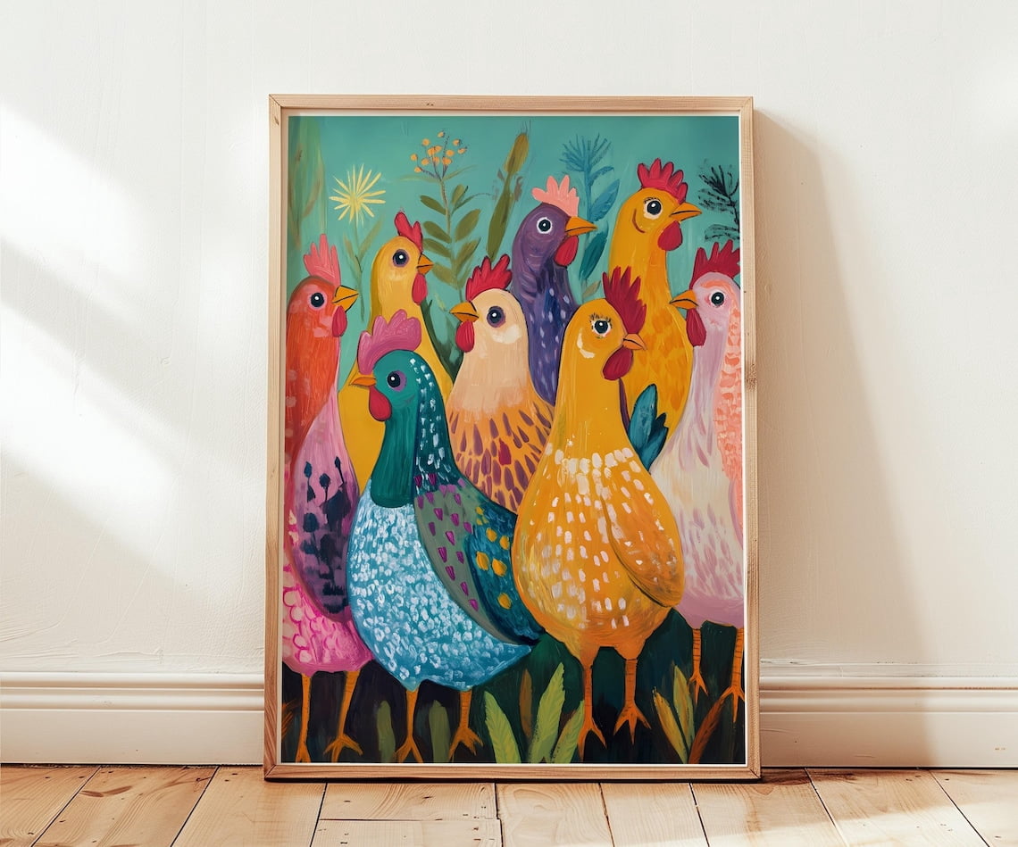 Colorful Chicken Art Poster Playful Farm Hens Poster, Unframed Poster ...
