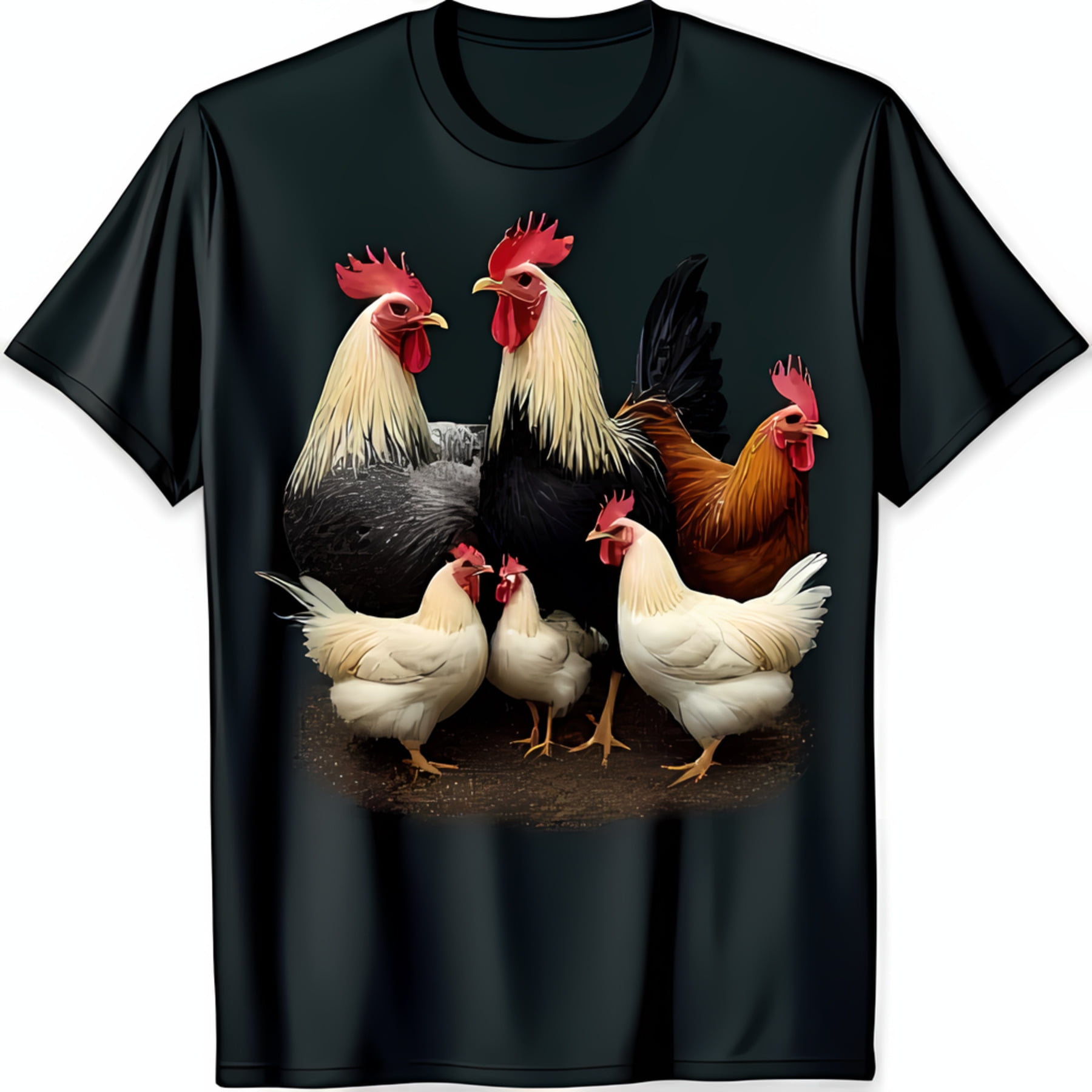 Colorful Chicken Family Design Black T-Shirt Rooster & Hens Graphic Tee - Walmart.com