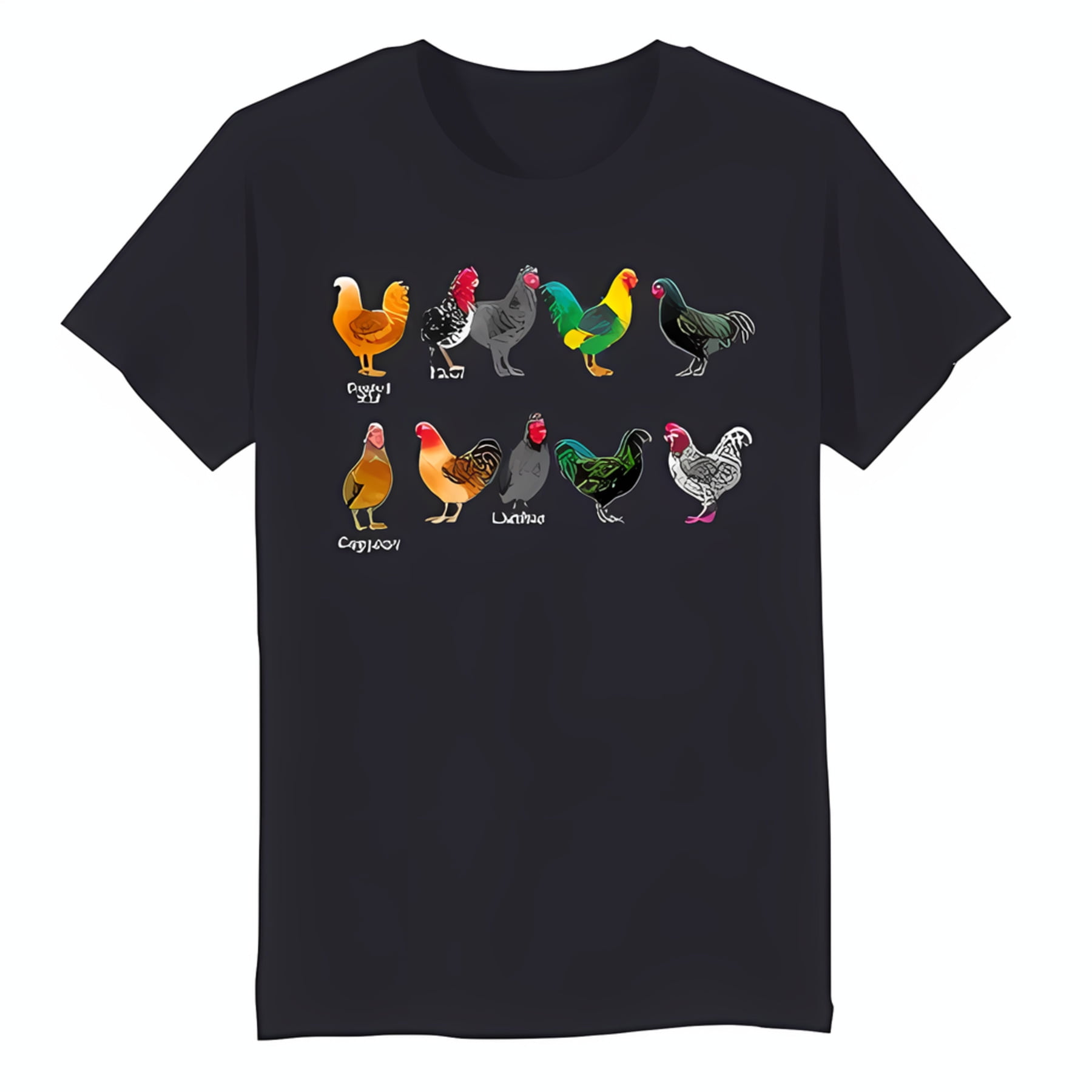 Colorful Chicken Row Black T-Shirt with White Outline & Names Fun Farm ...