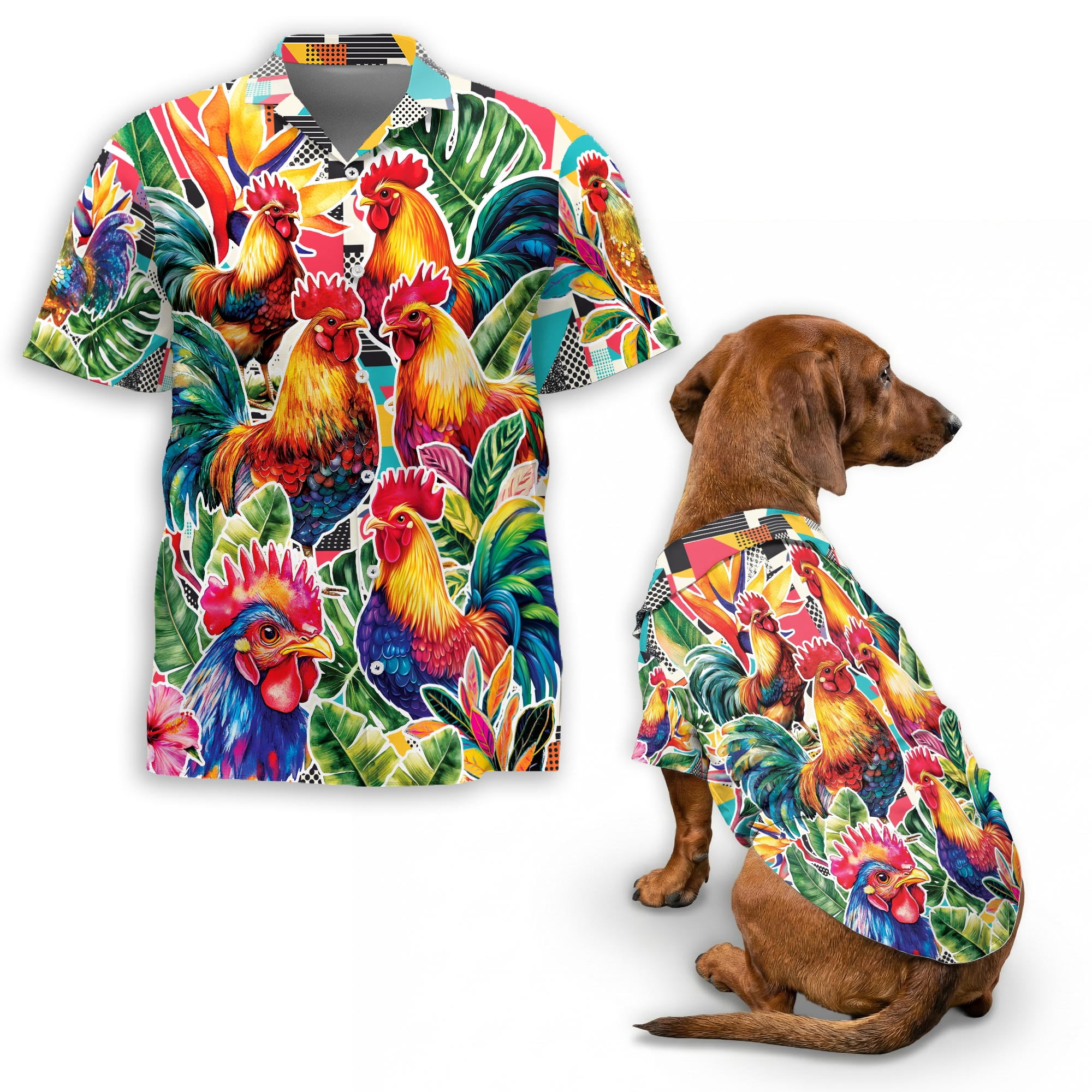 Colorful Chicken Tropical Hawaiian Shirt for Men and Dogs, Aloha Button ...