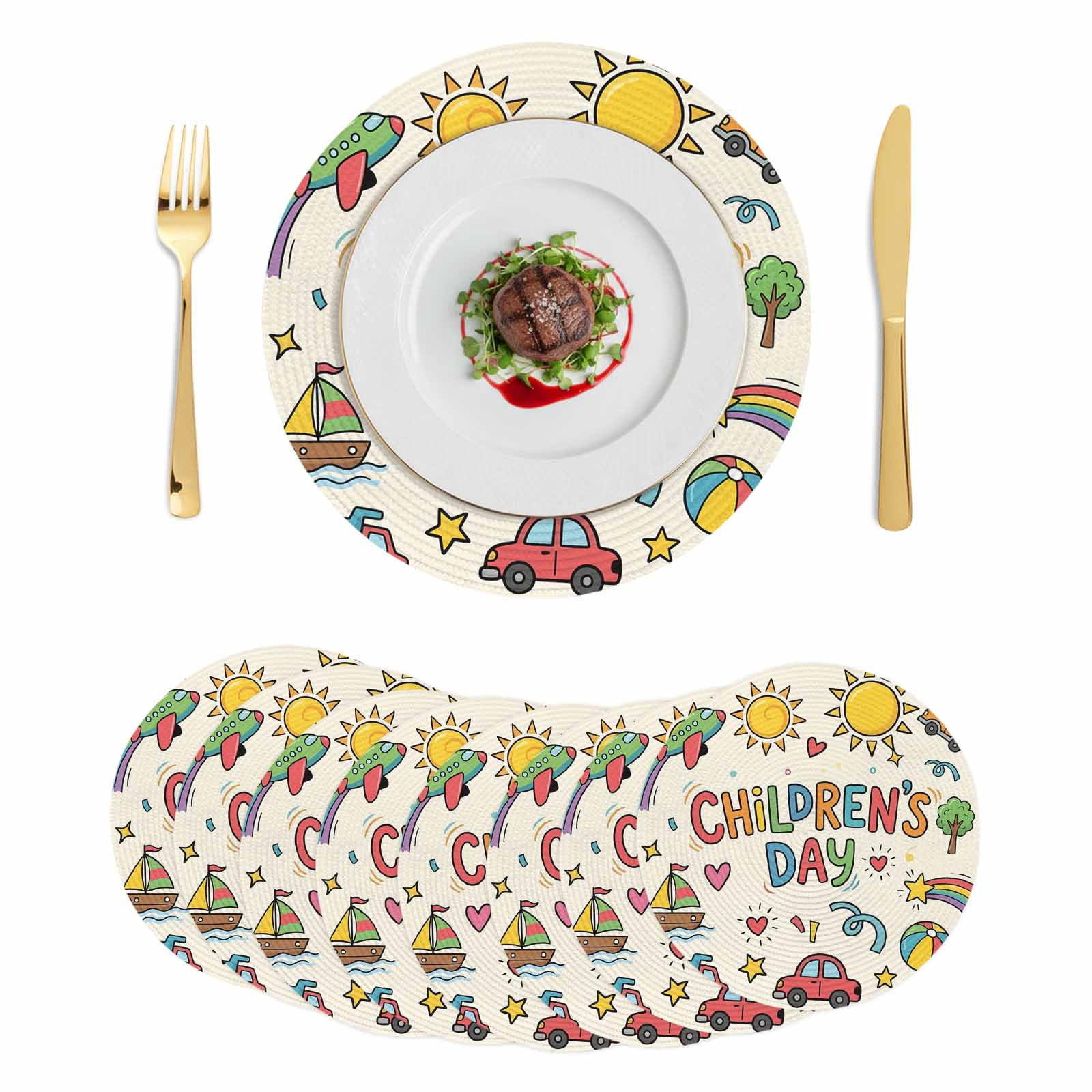Colorful Children's Day Round 15 Inch Placemats Set of 8, Car Tree ...