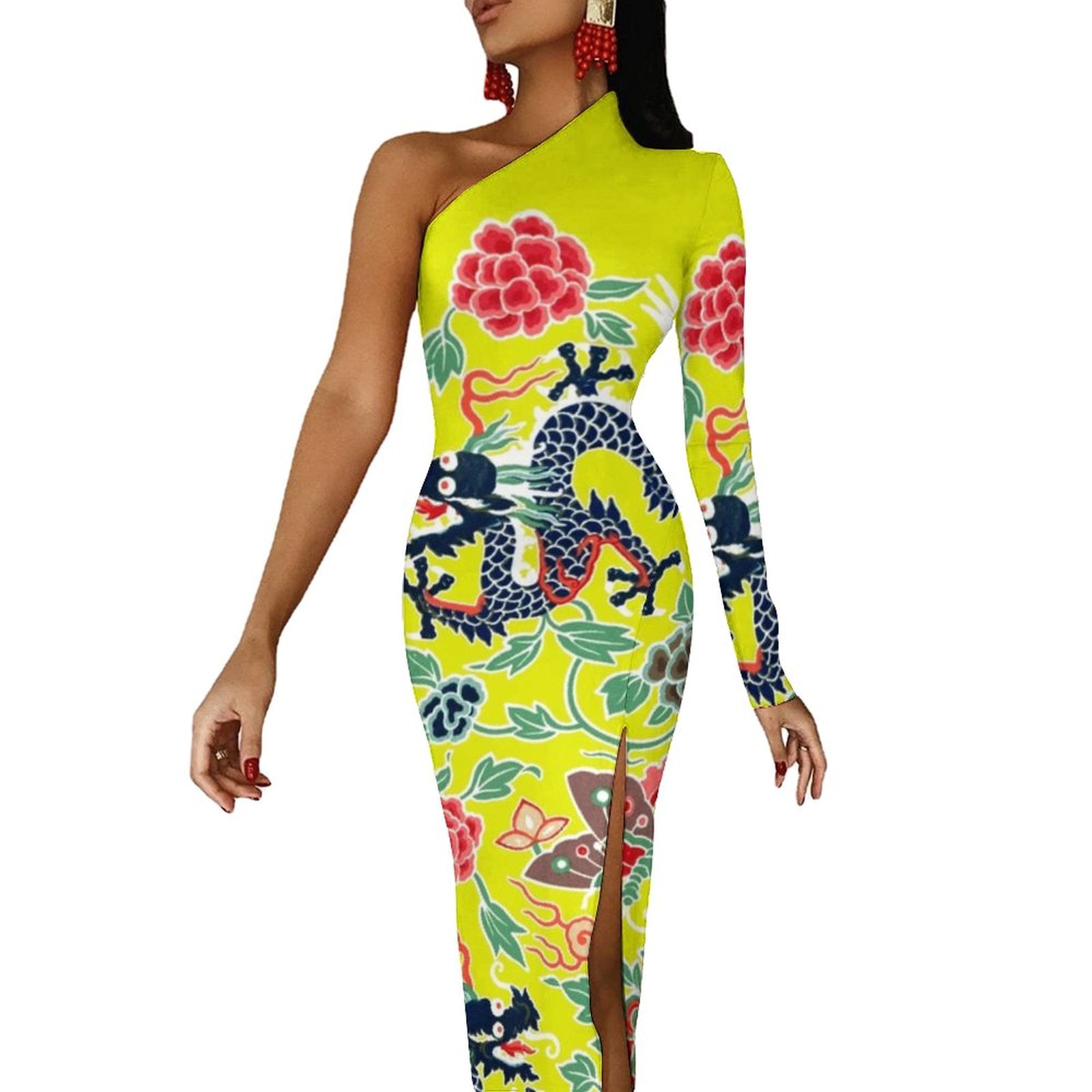 Colorful Chinese Dragon Maxi Dress One Shoulder Dragons Print Pretty ...