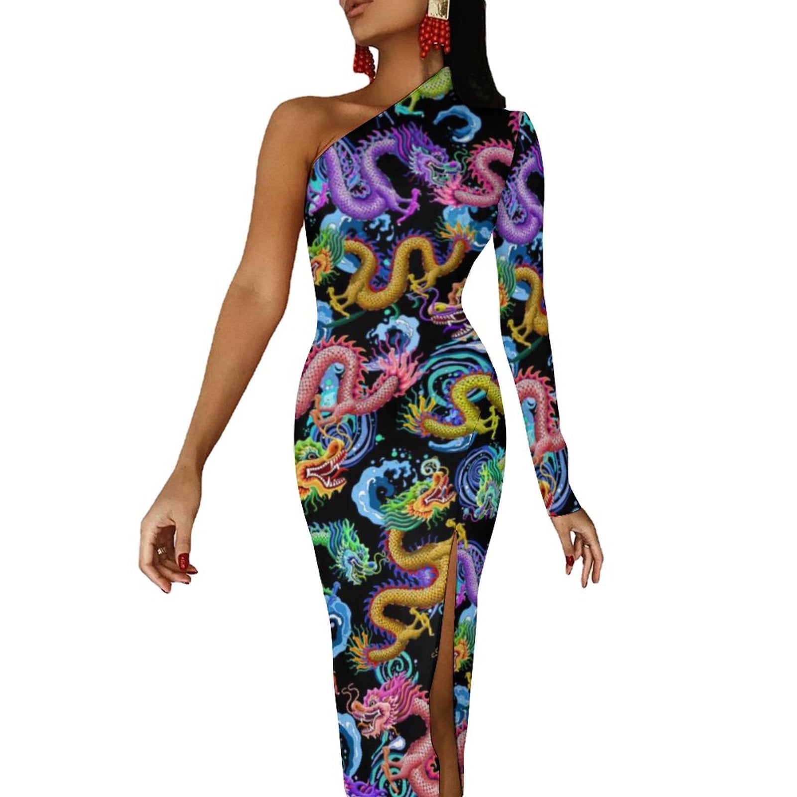 Colorful Chinese Dragon Maxi Dress One Shoulder Dragons Print Pretty ...