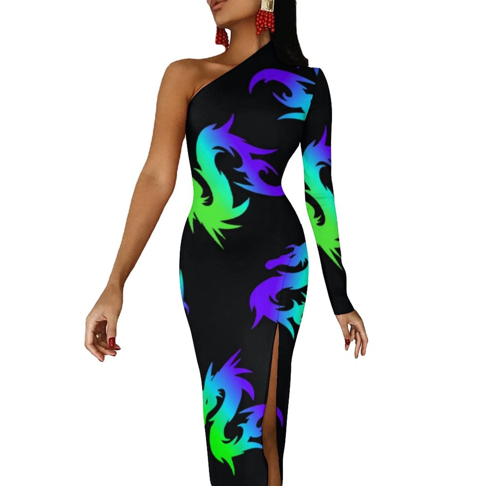 Colorful Chinese Dragon Maxi Dress One Shoulder Dragons Print Pretty ...
