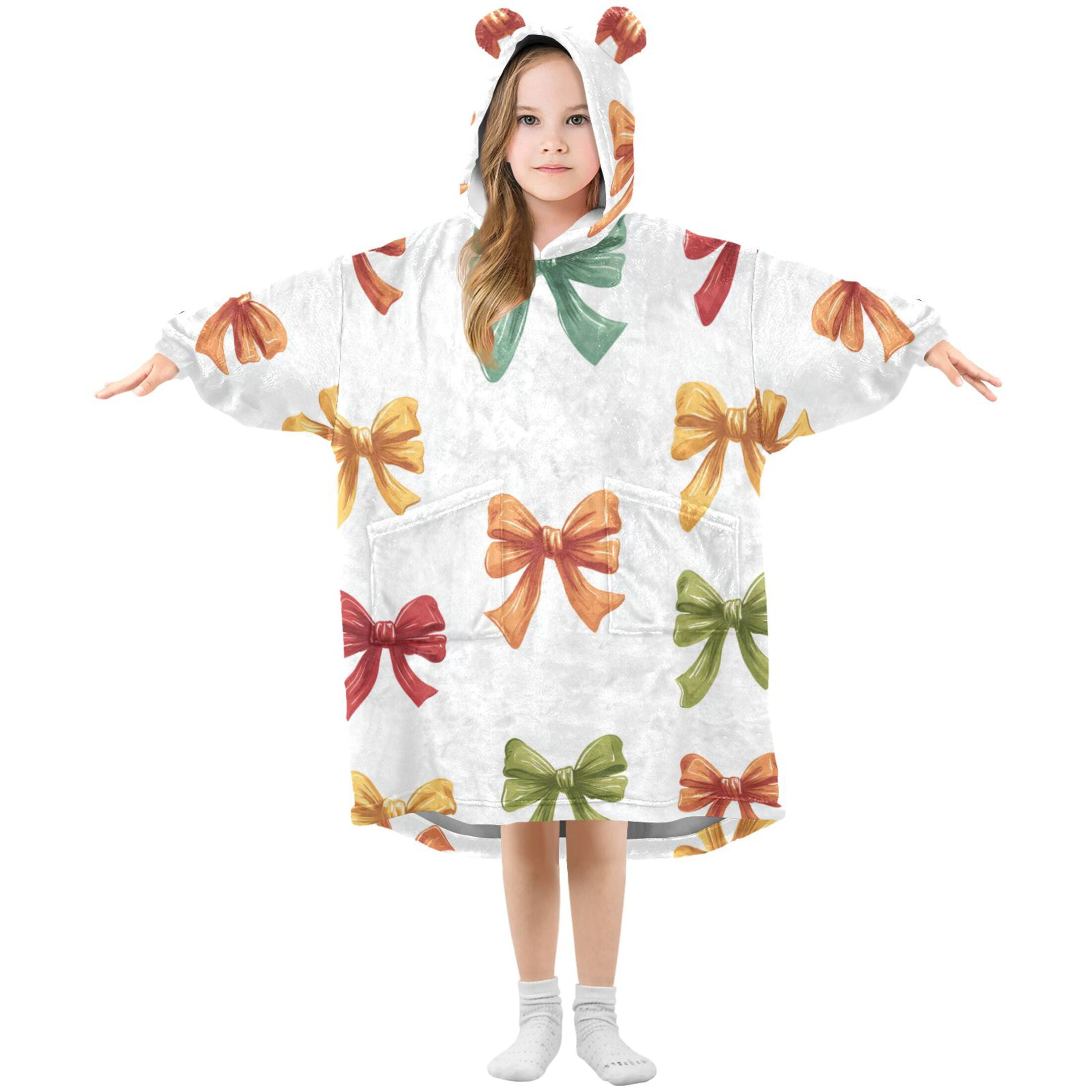Colorful Christmas Bows Flannel Wearable Blankets Hooded Design Long ...