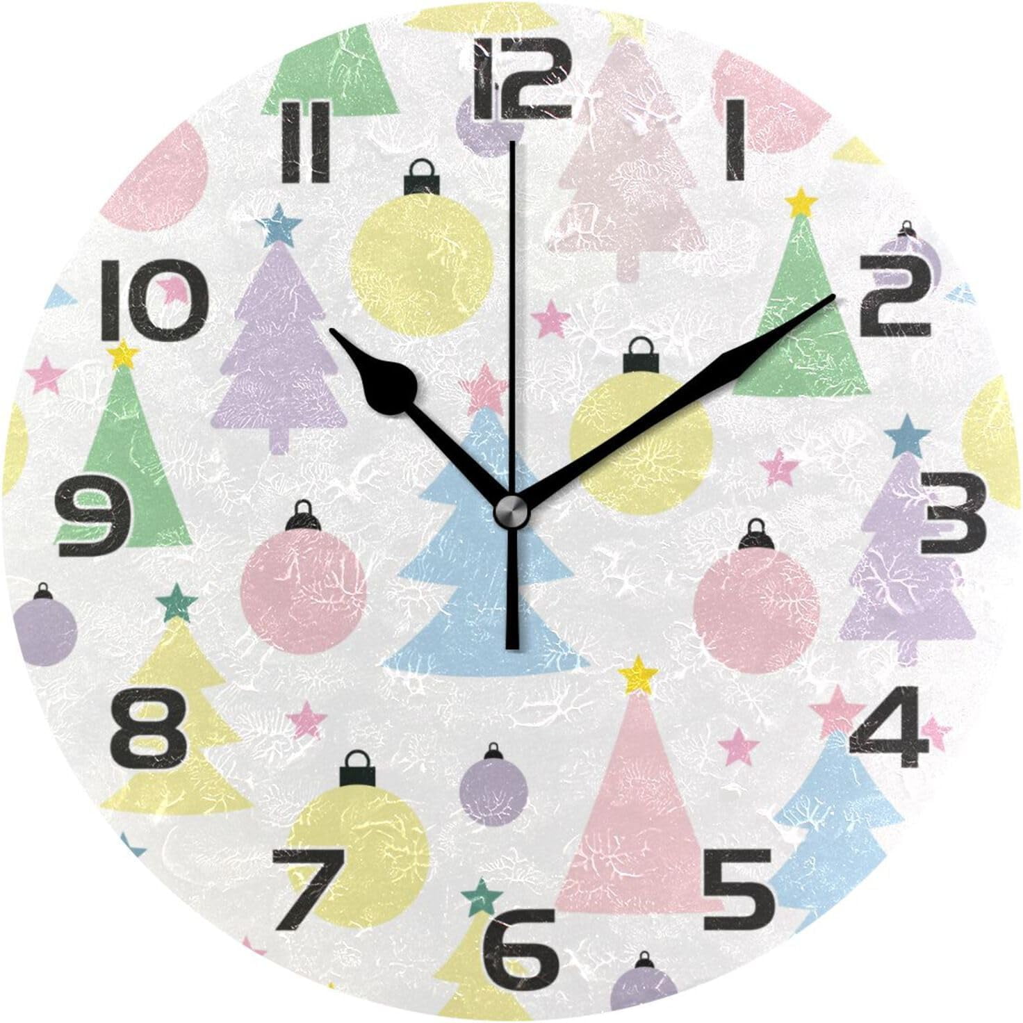 Colorful Christmas Tree Balls Wall Clock Round Vintage Silent Non ...