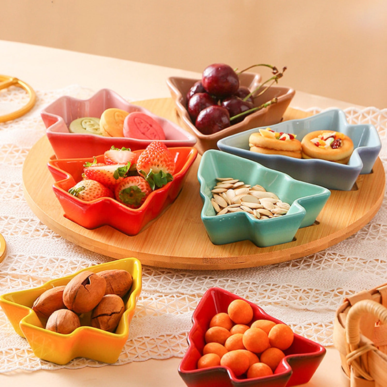 Christmas Clearance Colorful Christmas Tree Fruit Platter with Leaf-Shaped Cutlery for Festive ...