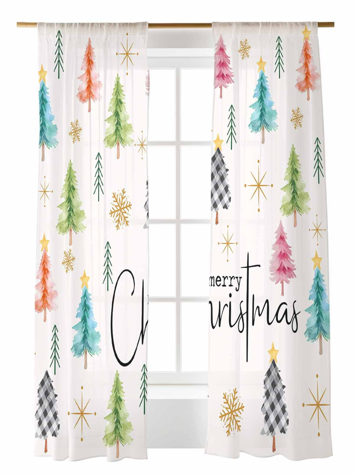 Colorful Christmas Tree Sheer Curtains 84 Inch Long 2 Panels, Winter ...