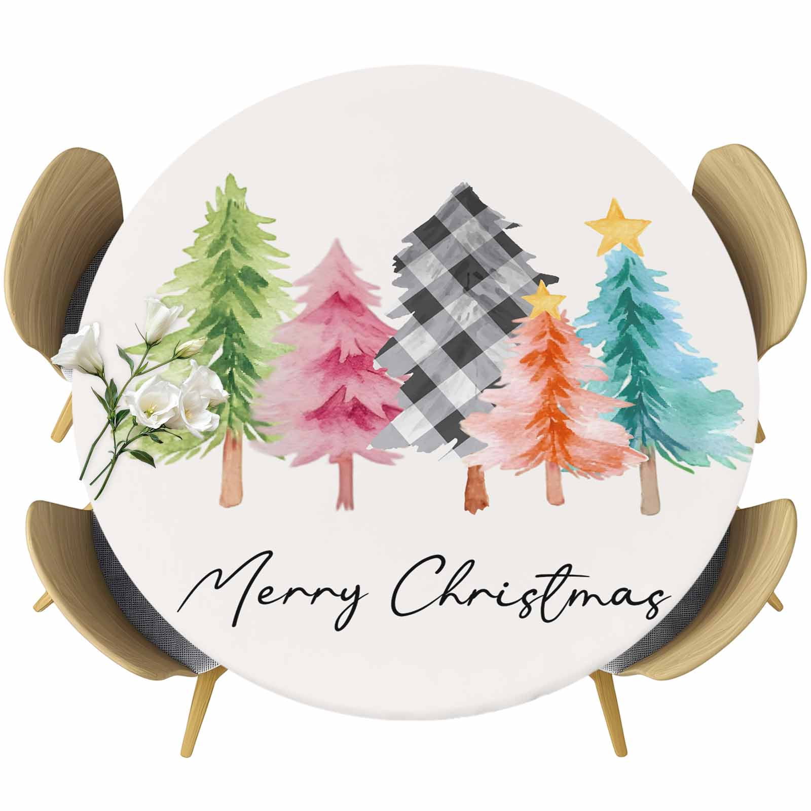 Colorful Christmas Tree Table Cloth, Round Fitted Tablecloths with ...
