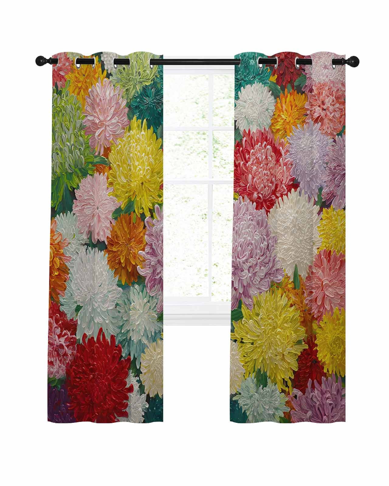 Colorful Chrysanthemum Blackout Curtains 63 Inch Length Abstraction Oil ...