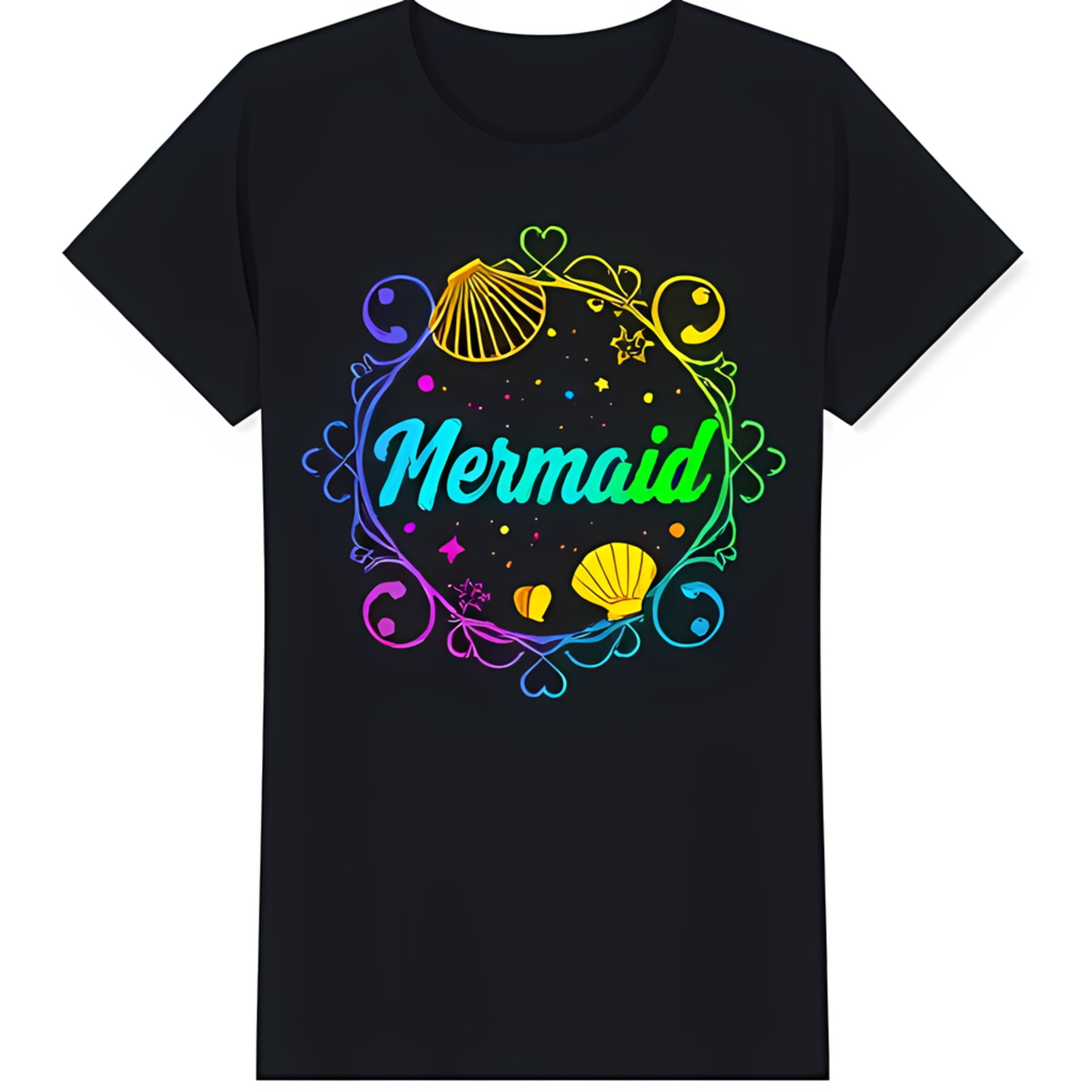 Colorful Circle T-Shirt Black Tee with Rainbow Shells & Stars Design ...