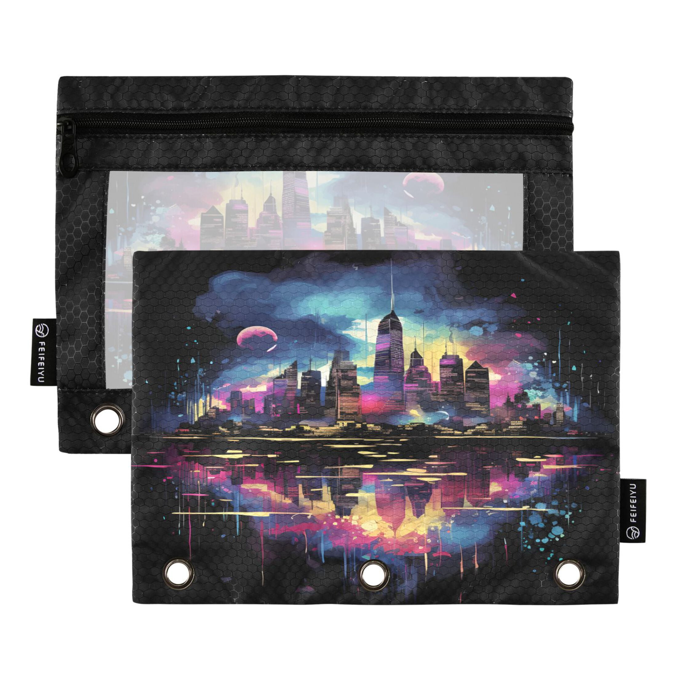 Colorful City Building and Moon 2 Pack Pencil Pouch for 3 Ring Binder ...