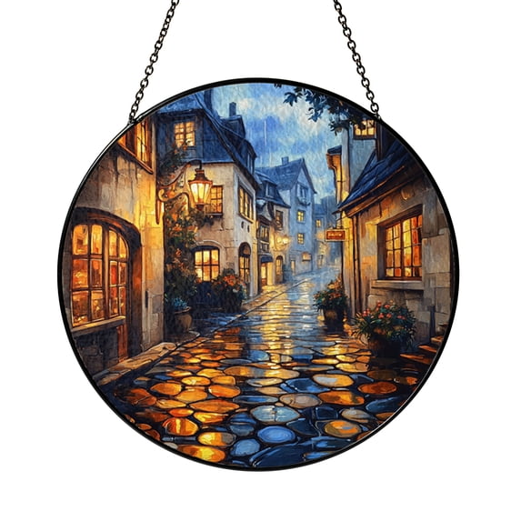 Colorful City Street Stained Glass Suncatcher Window Hanging Decor ...
