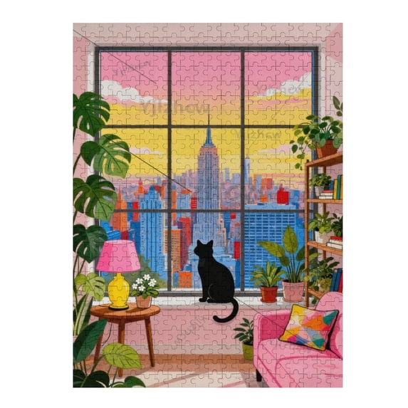 Colorful Cityscape with Black Cat Wooden Jigsaw Puzzle 1000 Piece ...