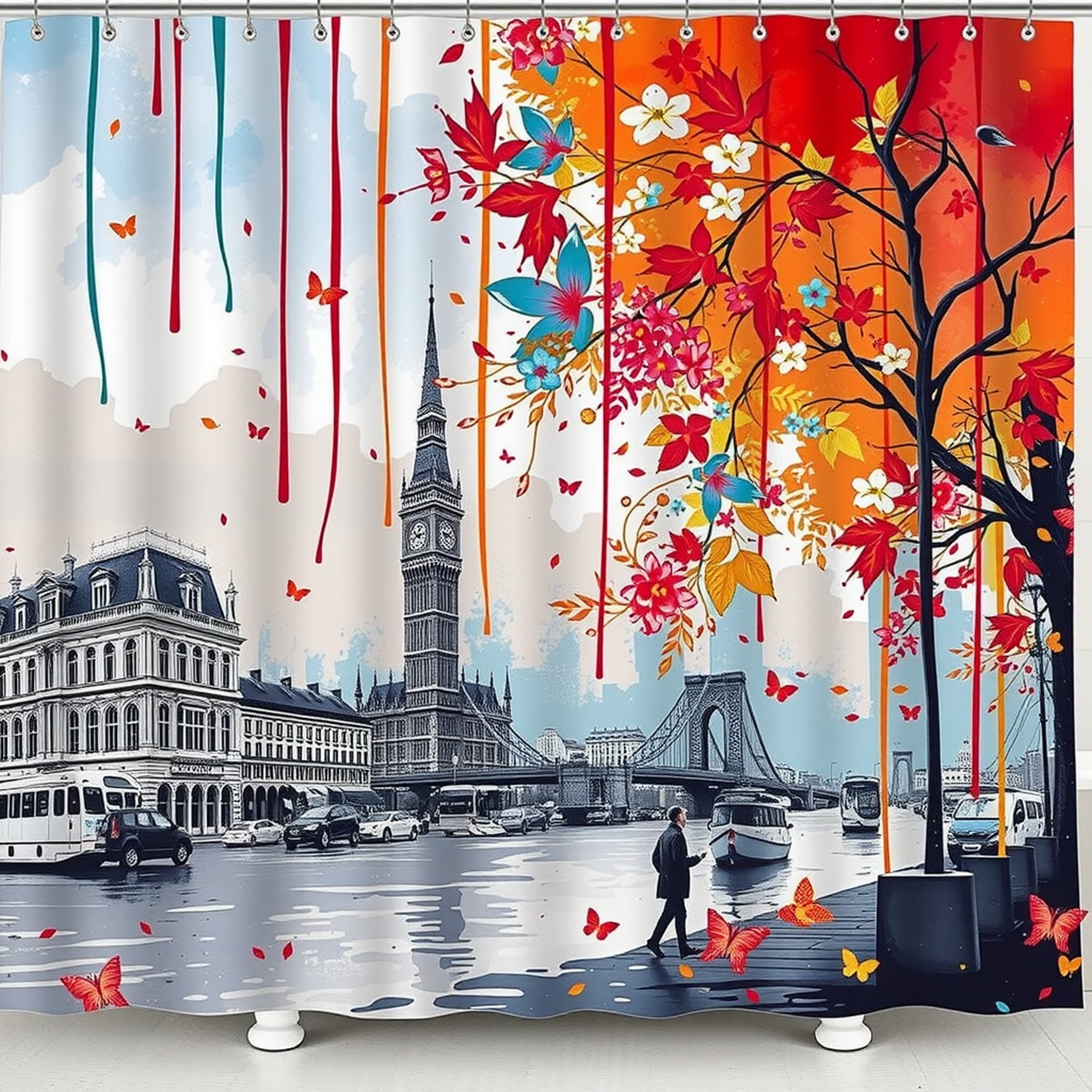 Colorful Cityscape Shower Curtain with Clock Tower & Vibrant Tree ...