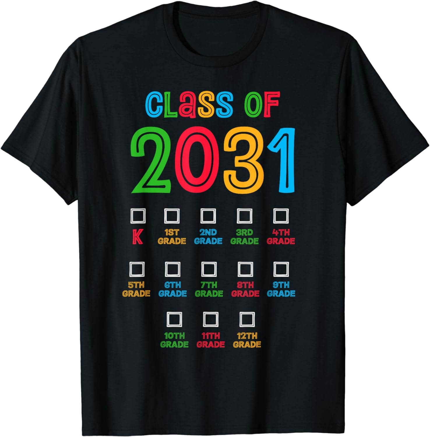 Colorful Class of 2031 Back to School Grow With Me Checklist T-Shirt ...