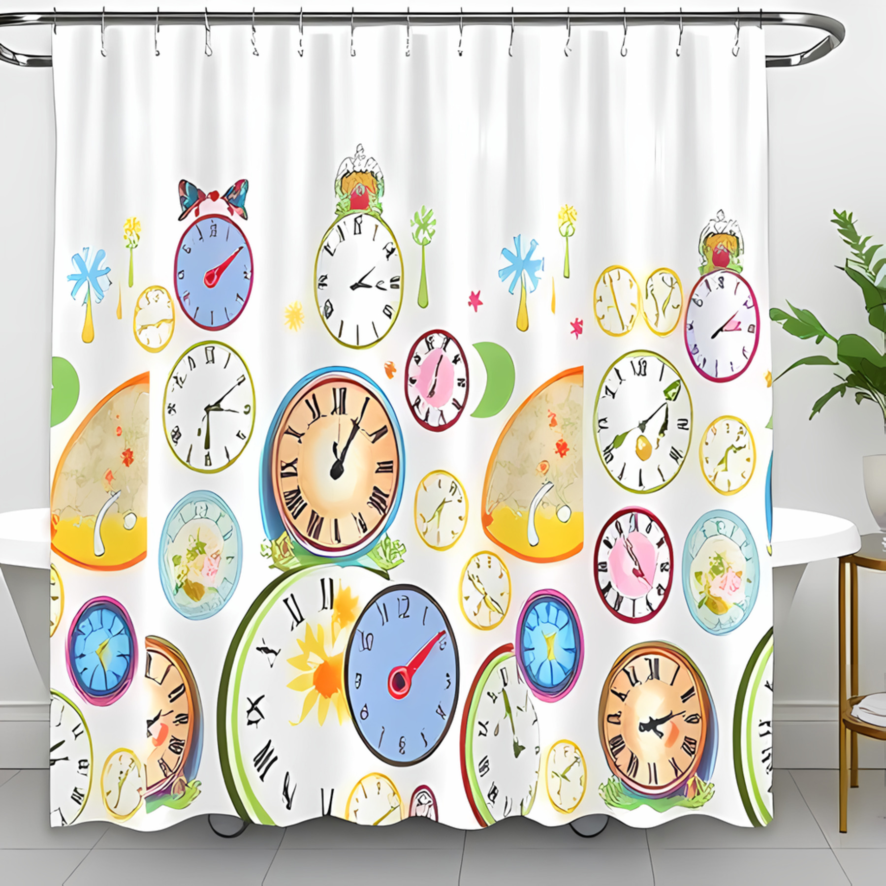 Colorful Clock Design Shower Curtain with Roman Numerals Floral and ...