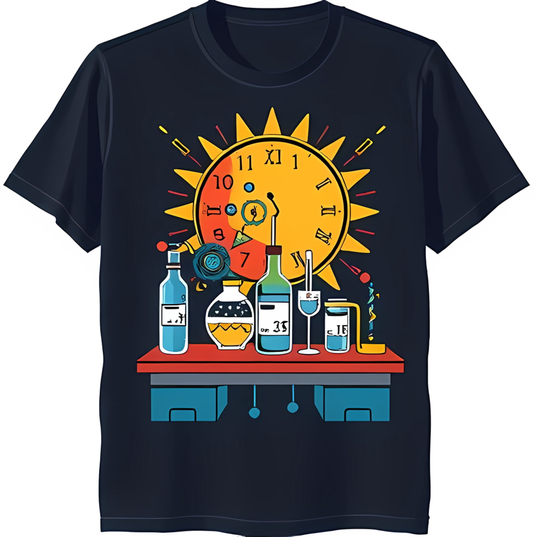 Colorful Clock Face Graphic on Black T-Shirt with Design & Lab Bottles ...
