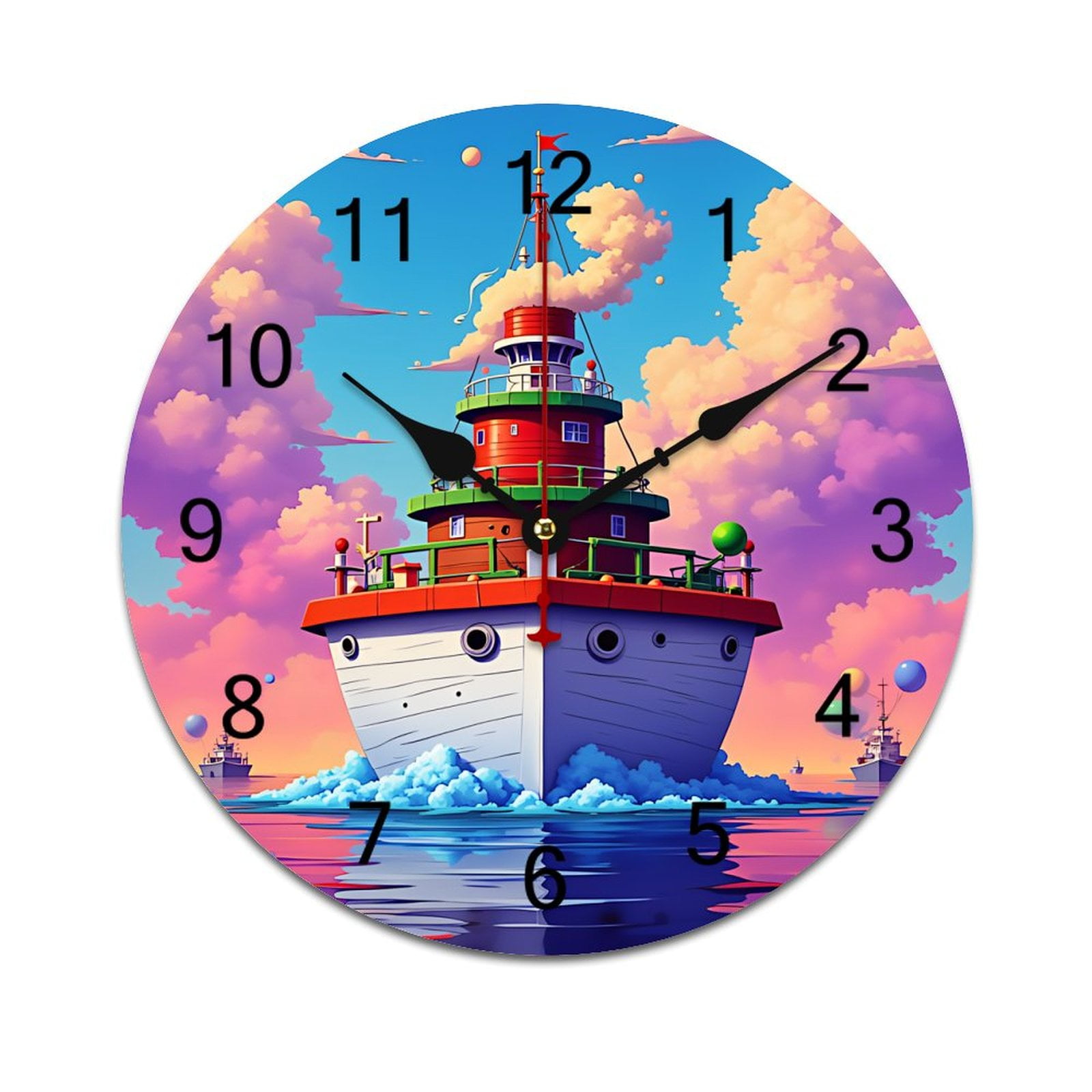 Colorful Clouds And Balloon Boats Printed Silent Wall Clock Round ...