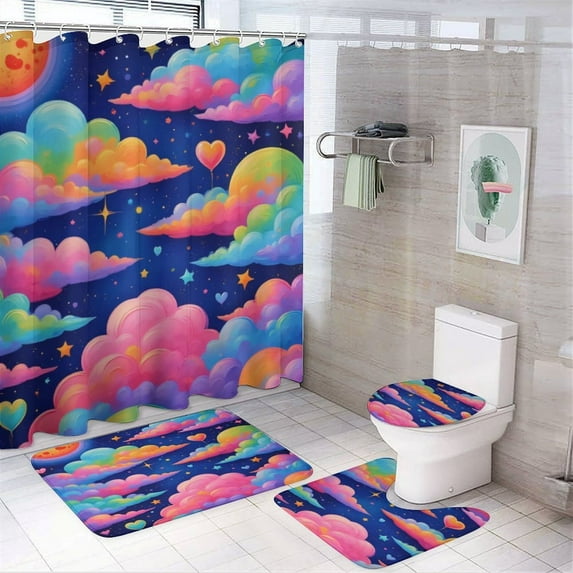 Colorful Clouds And Hearts Shower Curtain Bathroom Sets Toilet Lid Rug ...