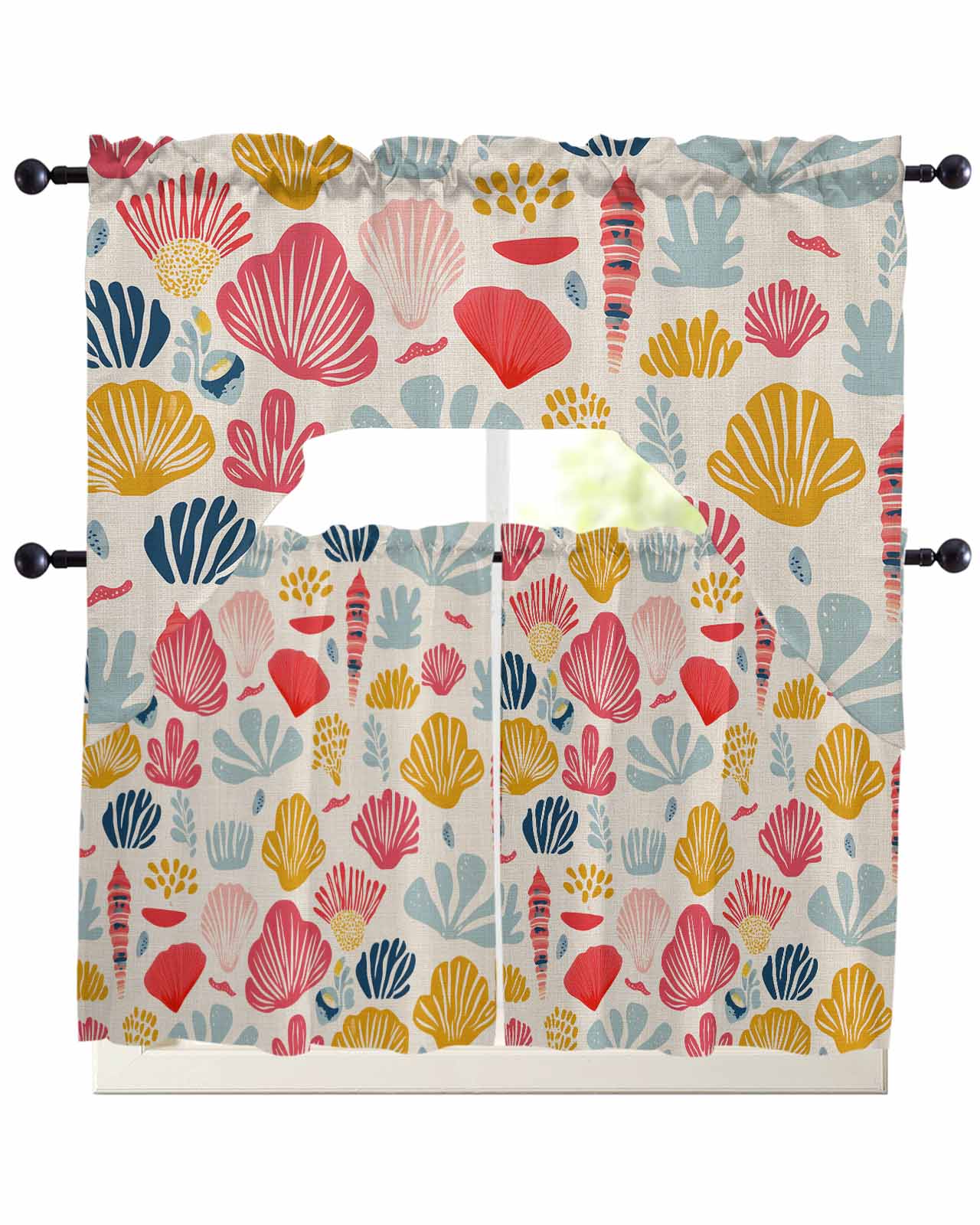 Colorful Coastal Shells Kitchen Curtains Swag Valance and Tier Curtains ...