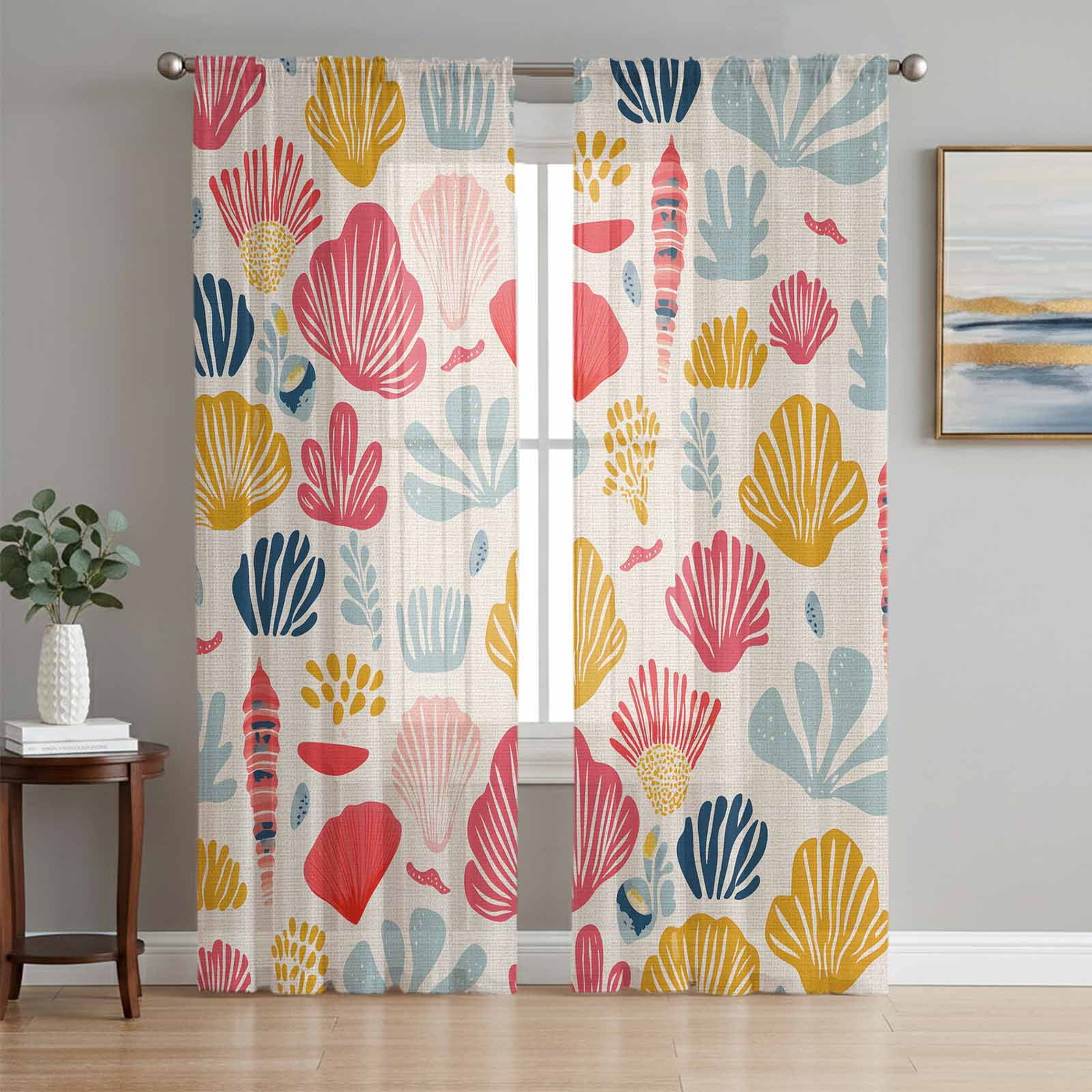 Colorful Coastal Shells Sheer Curtains 96 Inch Length 2 Panels Set ...