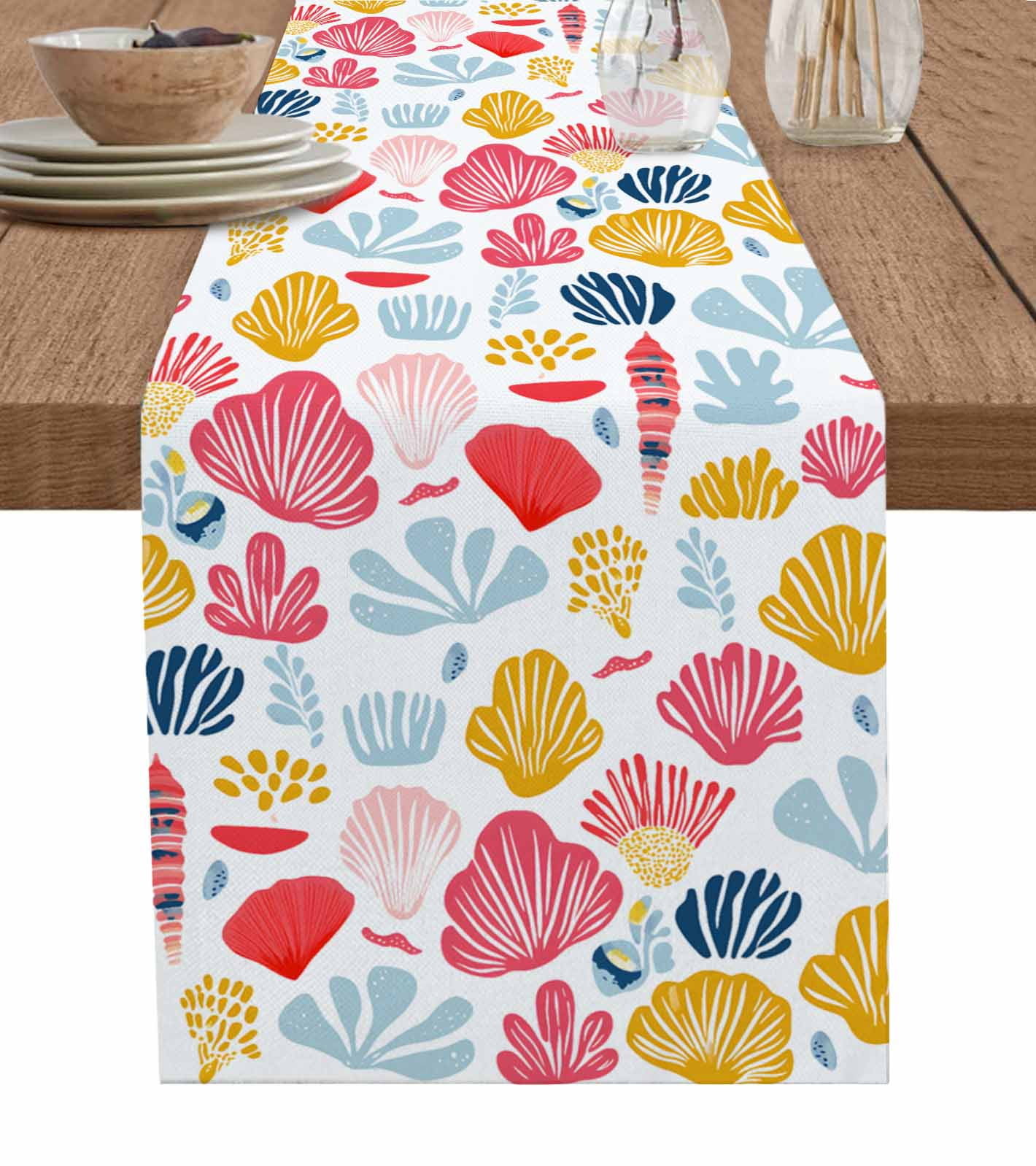 Colorful Coastal Shells Table Runner 72 Inches, Watercolor Summer Ocean ...