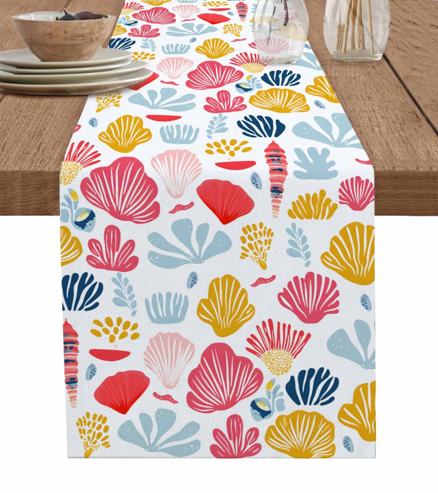 Colorful Coastal Shells Table Runner Cotton Linen 60 Inch Holiday ...