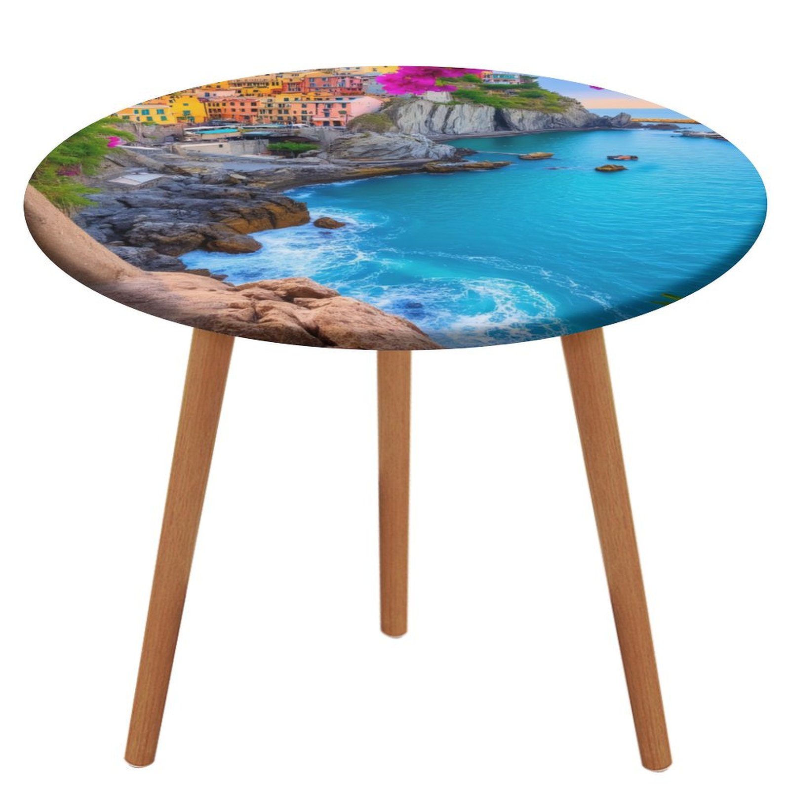Colorful Coastal Town Pattern Round Tablecloth Waterproof Elastic Table ...