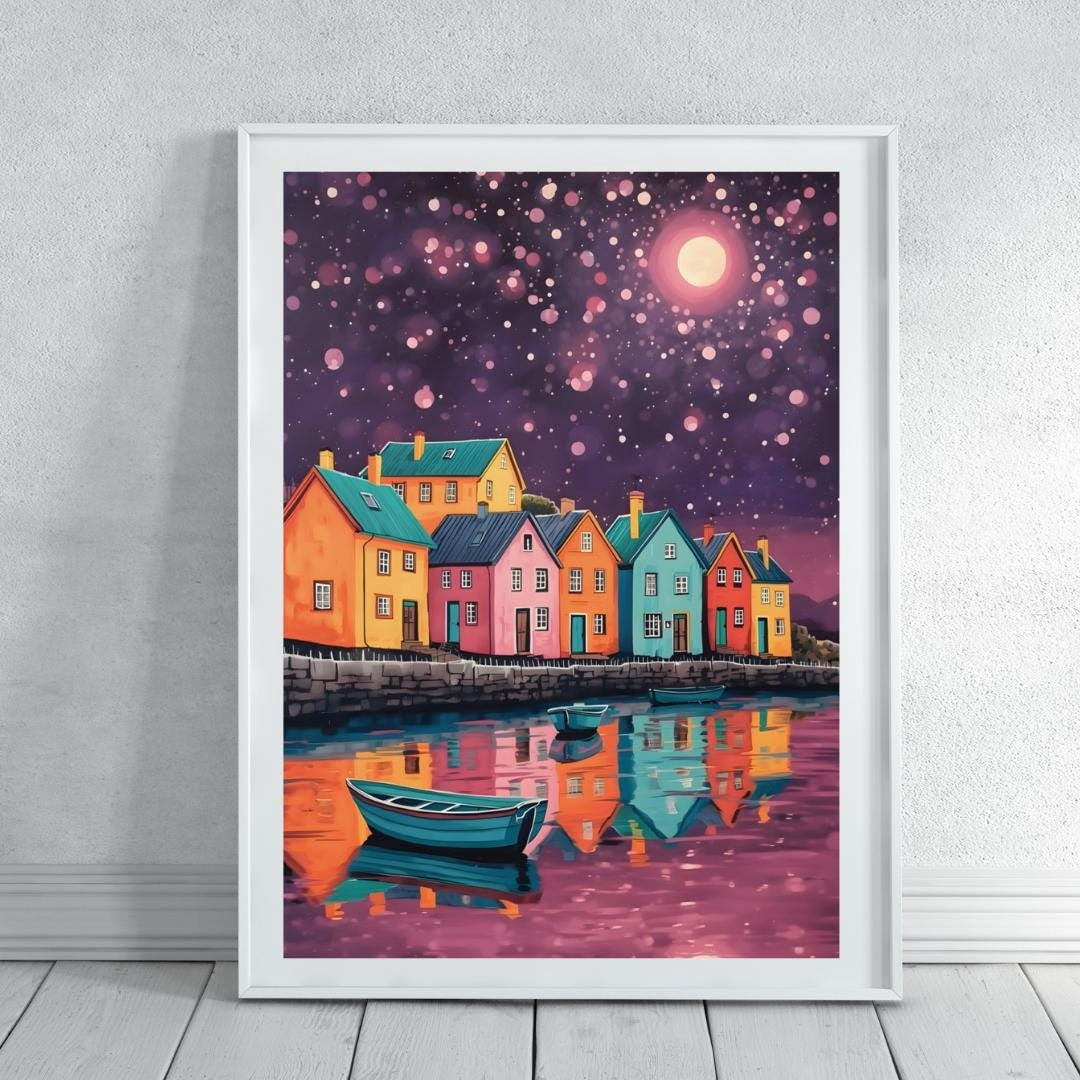 Colorful Coastal Village Art Print, Night Sky Reflection Poster ...