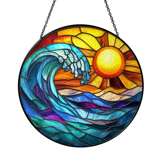 Colorful Coastal Wave Stained Glass Decorative Window Hanging, Fantasy ...