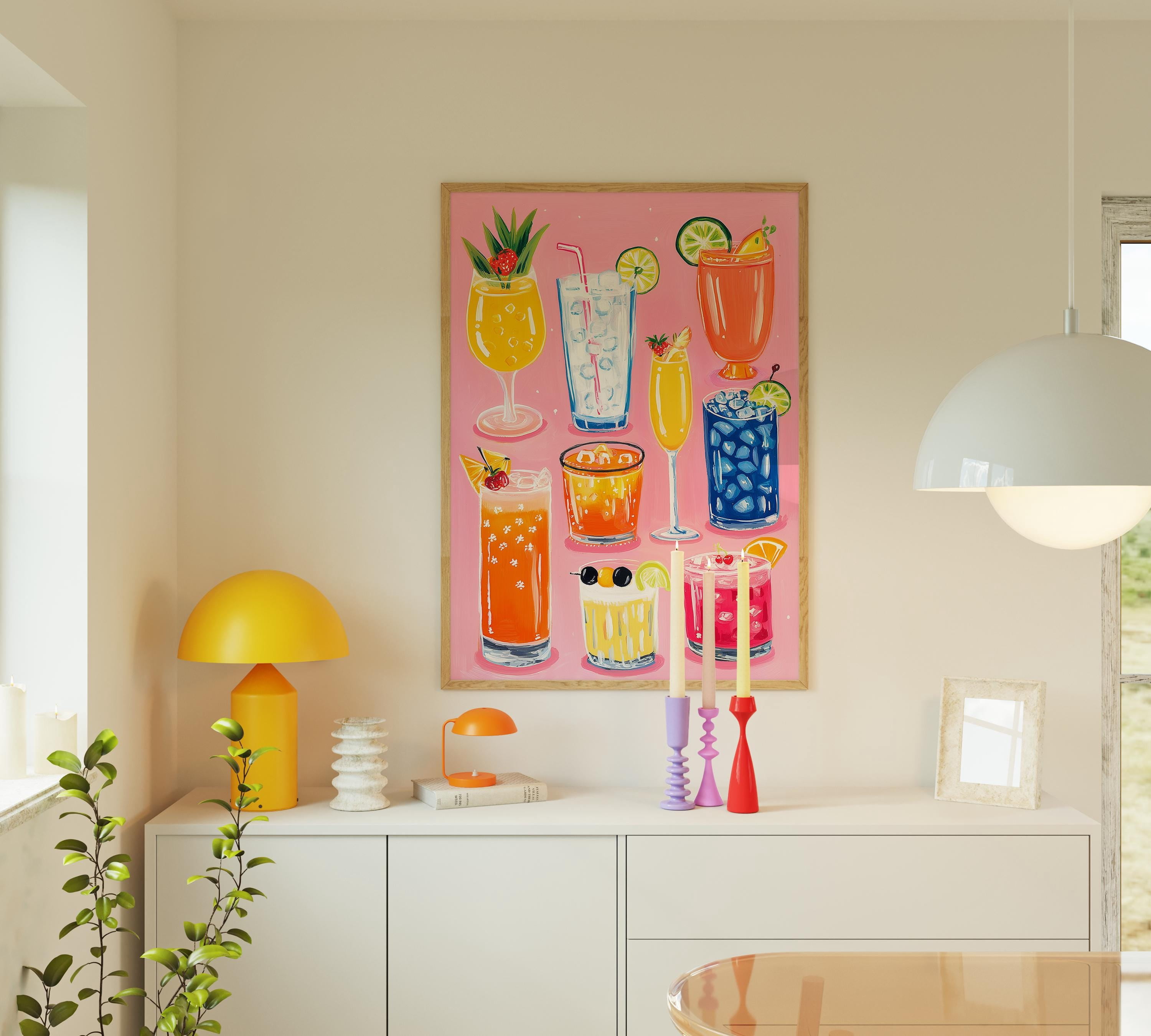 Colorful Cocktail Wall Art Pink Bar Cart Decor Summer Drink Poster ...