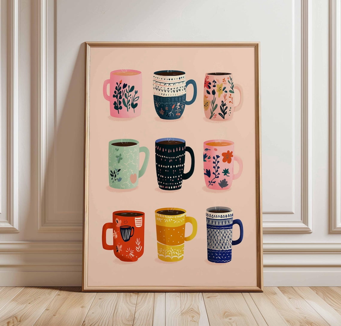 Colorful Coffee Mugs Poster, Cute Kitchen Wall Art, Unframed Paper ...
