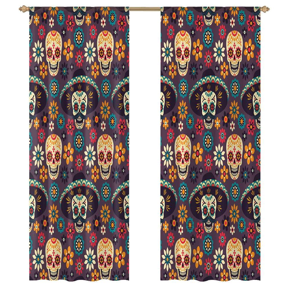 Colorful Collection Of Skulls And Flowers Tulle Curtains For Living ...