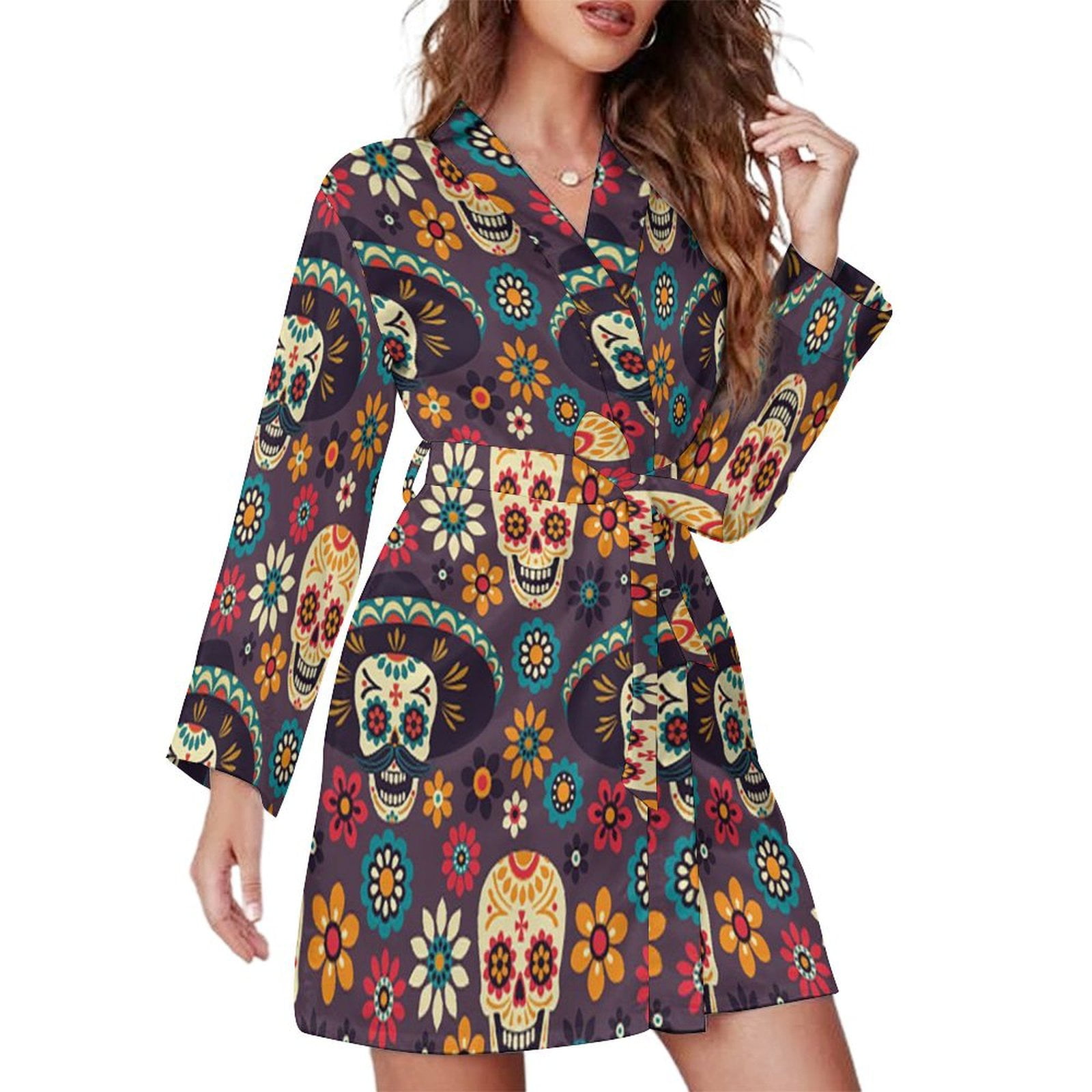 Colorful Collection of Skulls And Flowers Night Robe Long Sleeve V Neck ...