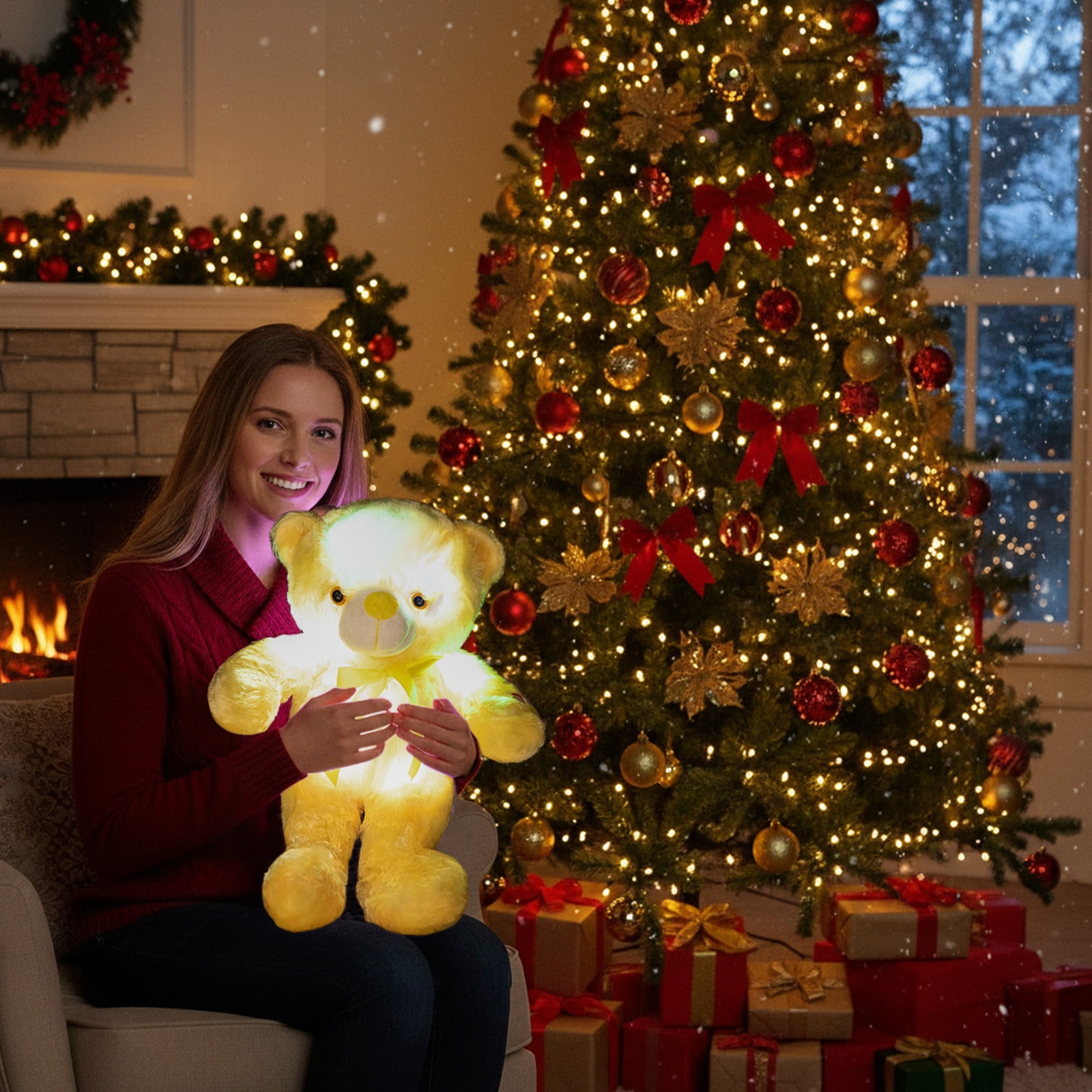 Colorful Color-Changing Glowing Ribbon Bear Stuffed Dolls, Cute Light-Up Bear Plush Toys, Soft ...