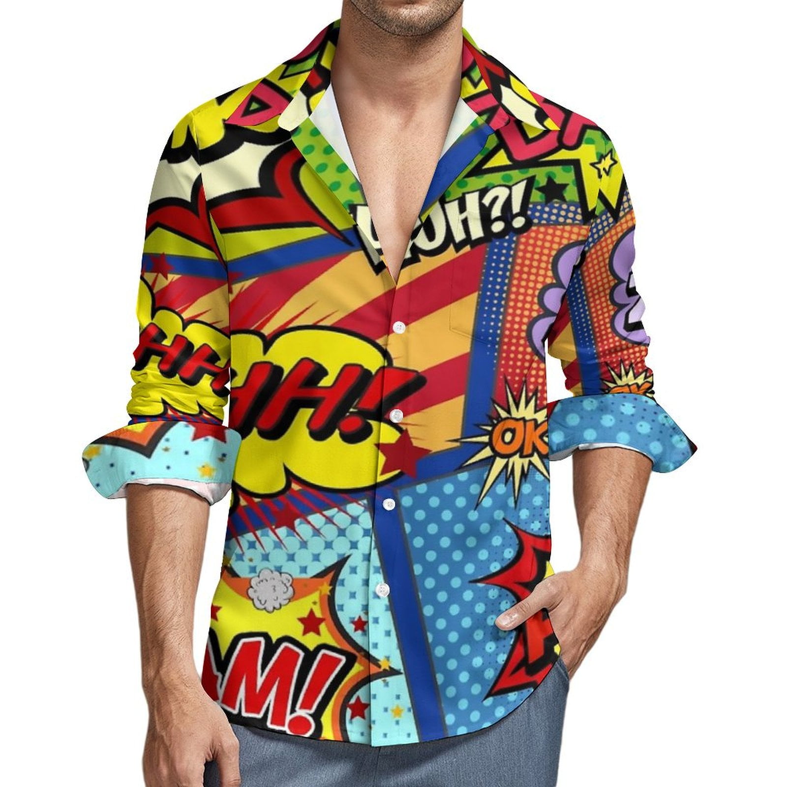 Colorful Comic Book Panels Hawaiian Shirt for Men Long Sleeve Button ...