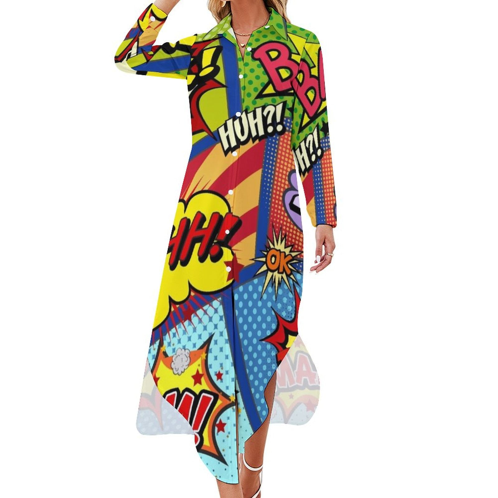 Colorful Comic Book Panels Long Sleeved Shirt Dress women long dresses ...