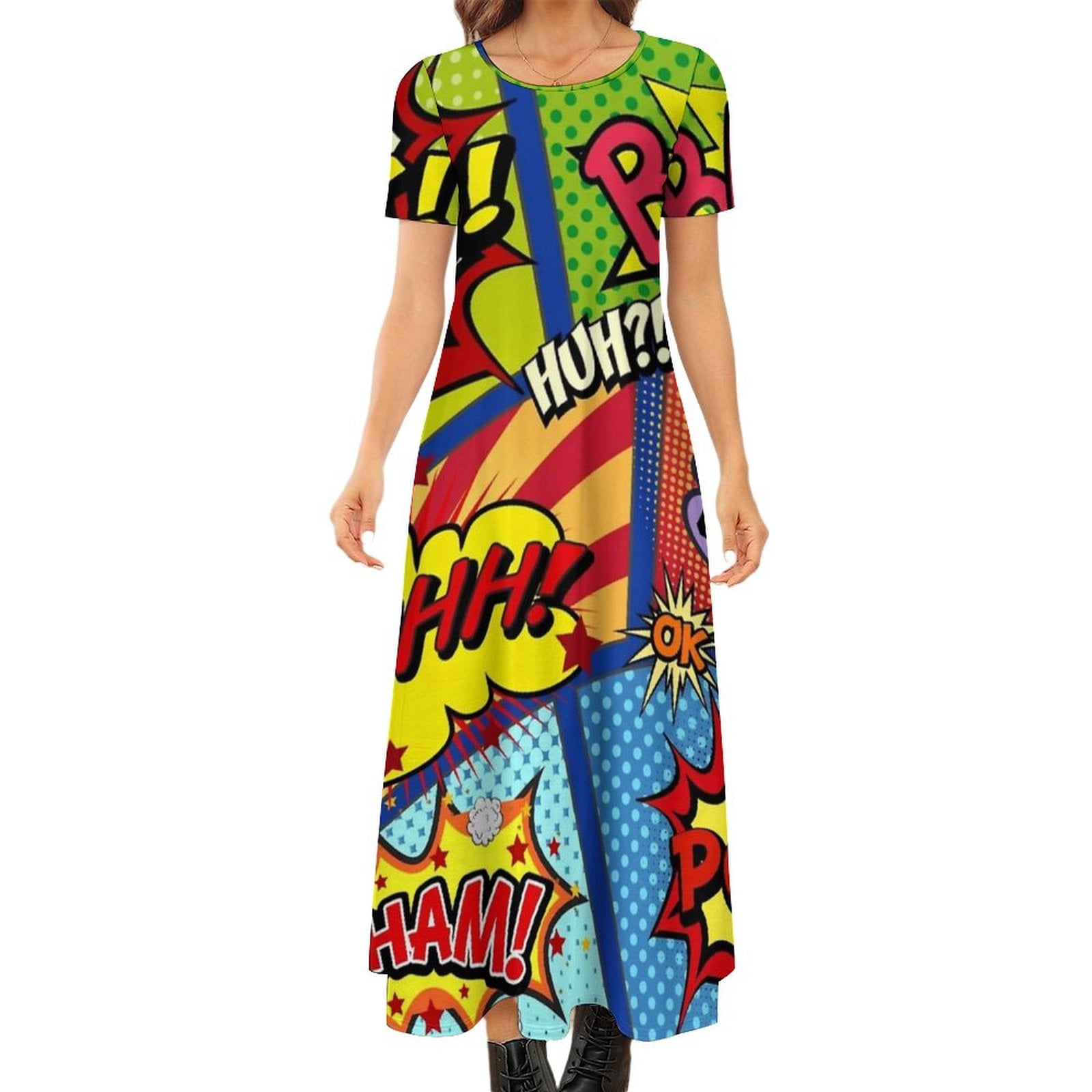 Colorful Comic Book Panels Maxi Dress for Women Crew Neck Beach Dress ...