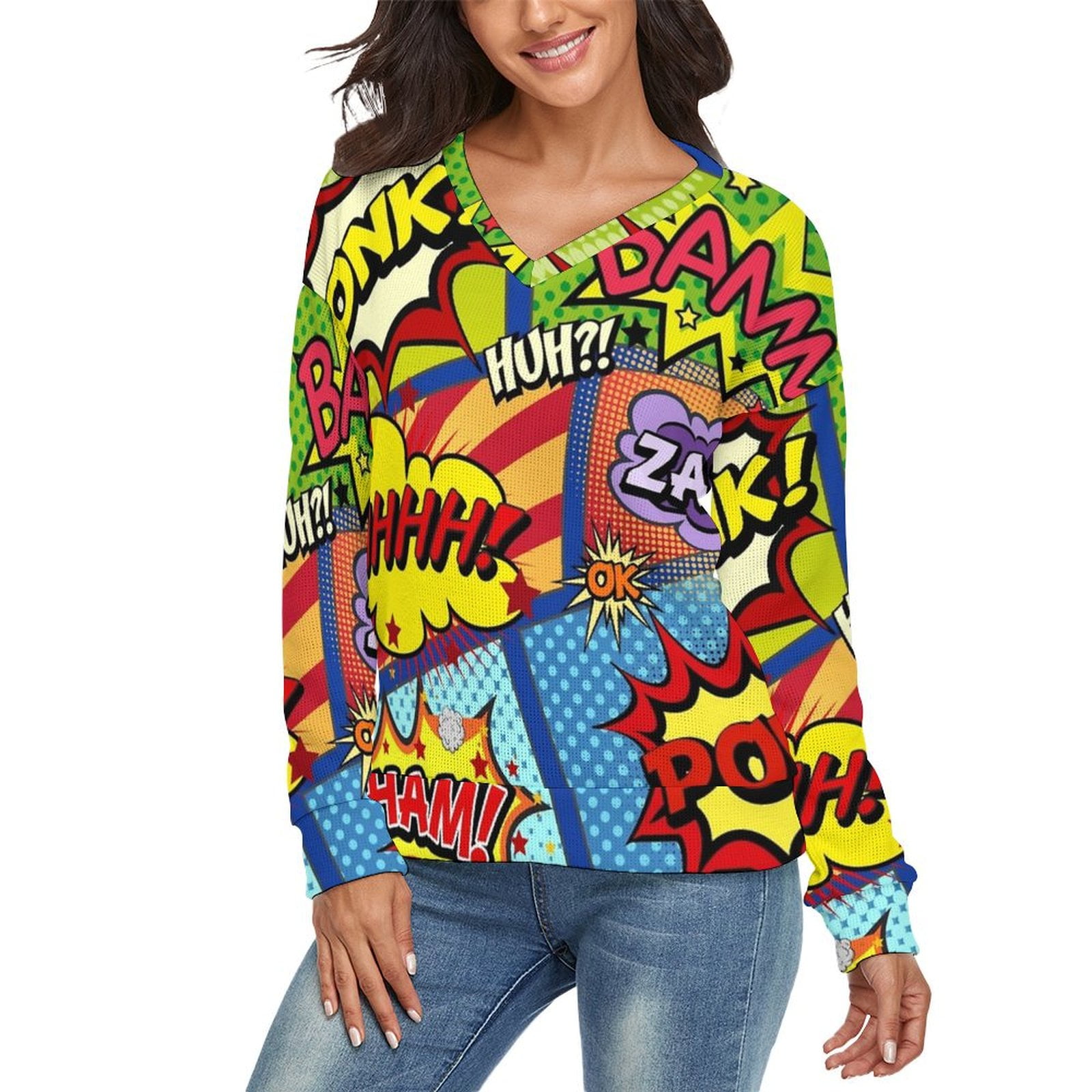 Colorful Comic Book Panels V-neck Sweater Winter Clothes Long Sleeve ...