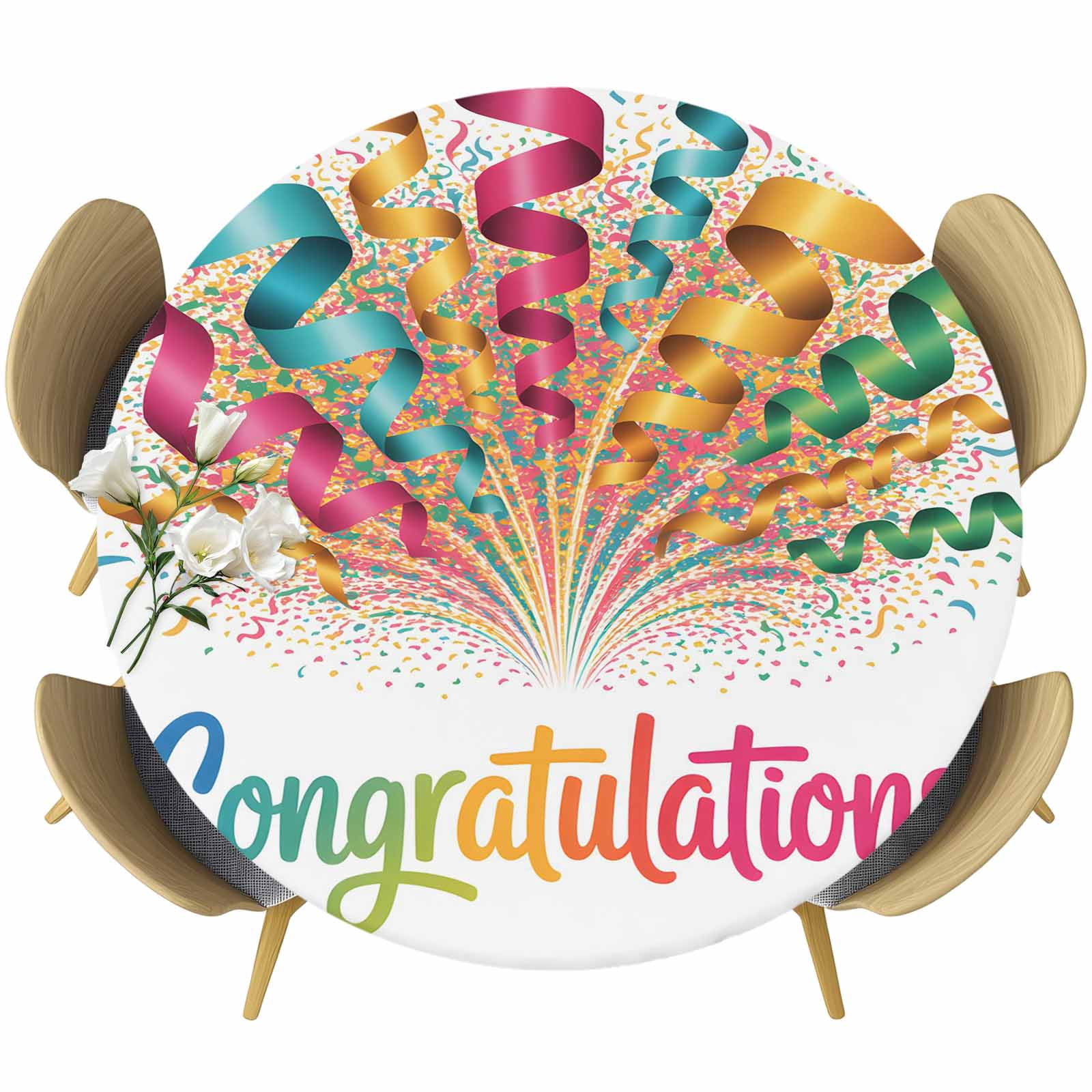 Colorful Congratulations Round Tablecloth, Fitted Table Cover with ...