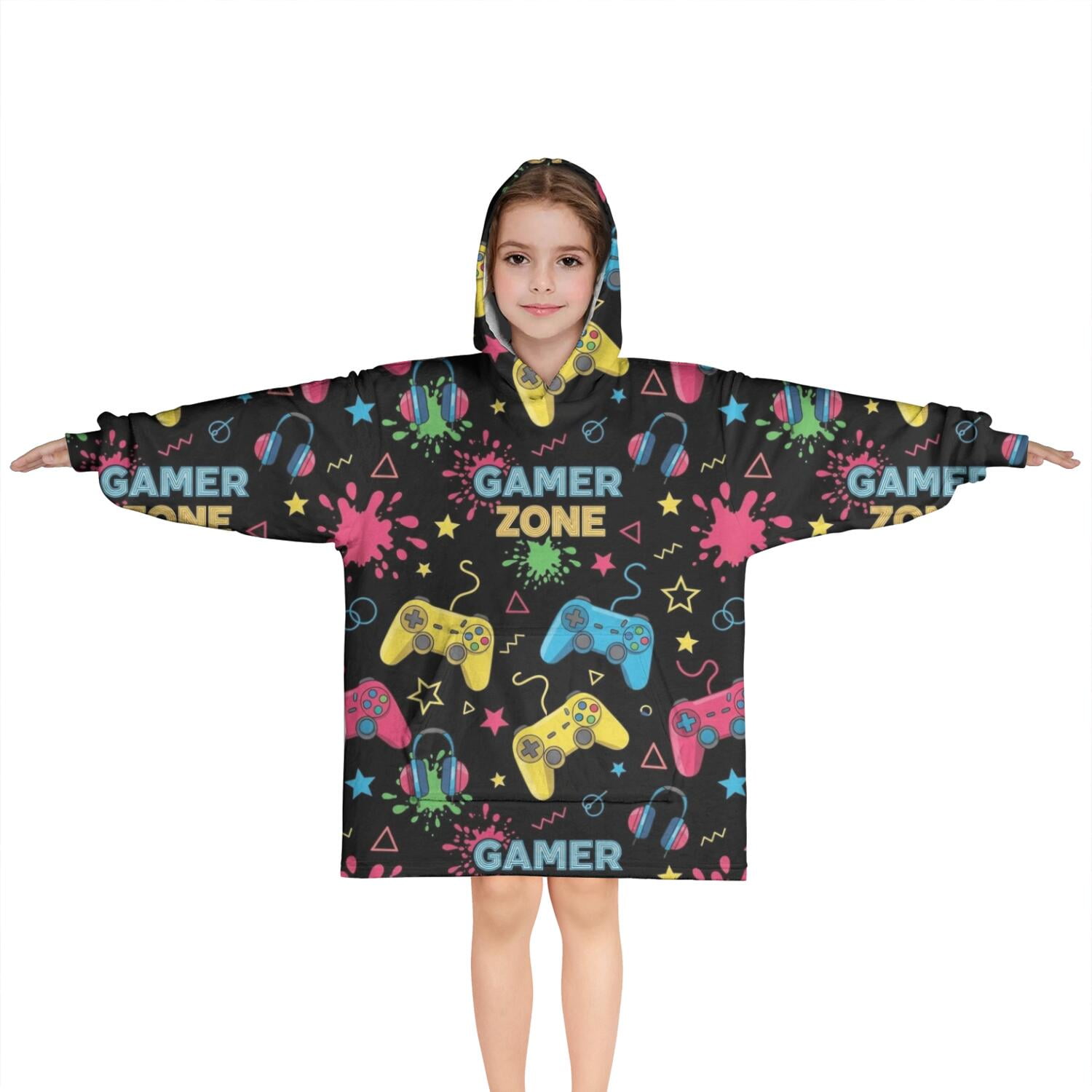 Colorful Controllers Games Icons Black Pattern Blanket Hoodies for Kids 6-13YR Oversize Wearable ...