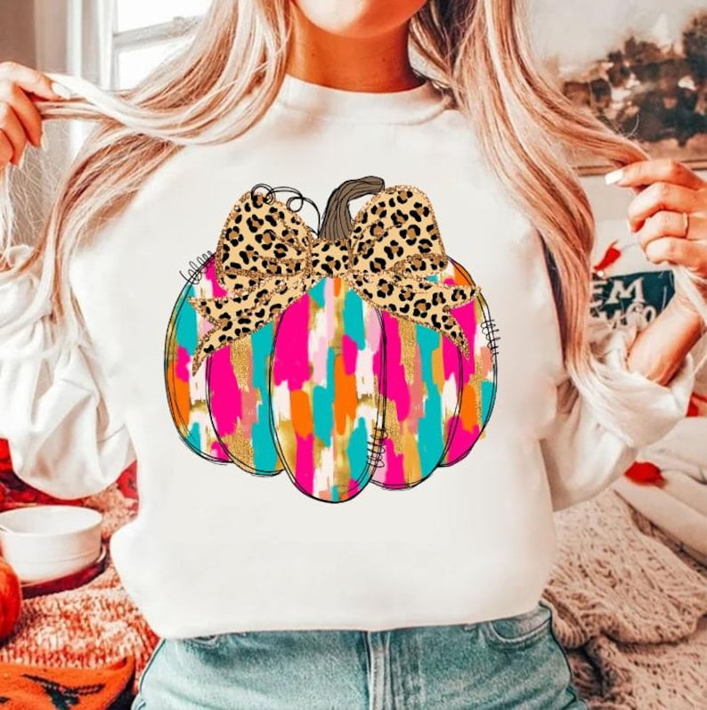 Colorful Coquette Fall Sweatshirt with Gold Glitter Pumpkin, Bright ...