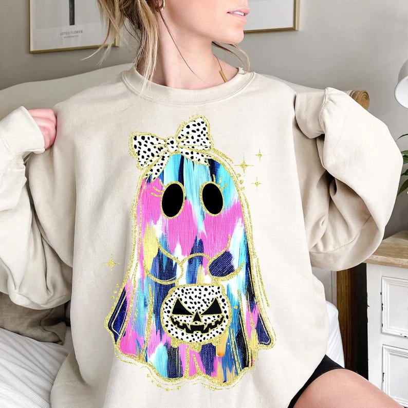 Colorful Coquette Ghost Sweatshirt, Gold Glitter Halloween Shirt for ...