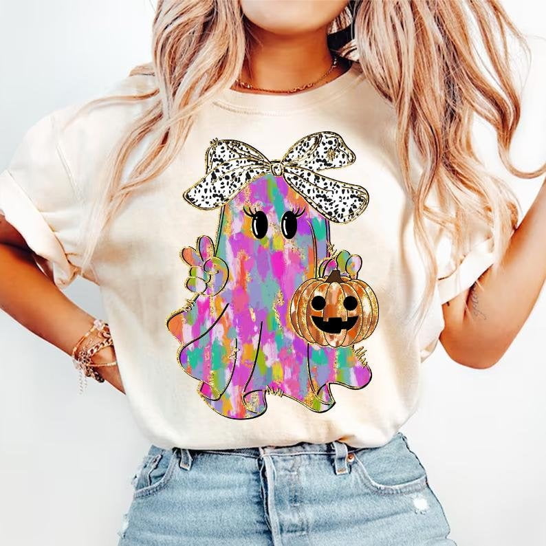 Colorful Coquette Ghost T-Shirt – Girly Boo Pumpkin Tee with Fall ...
