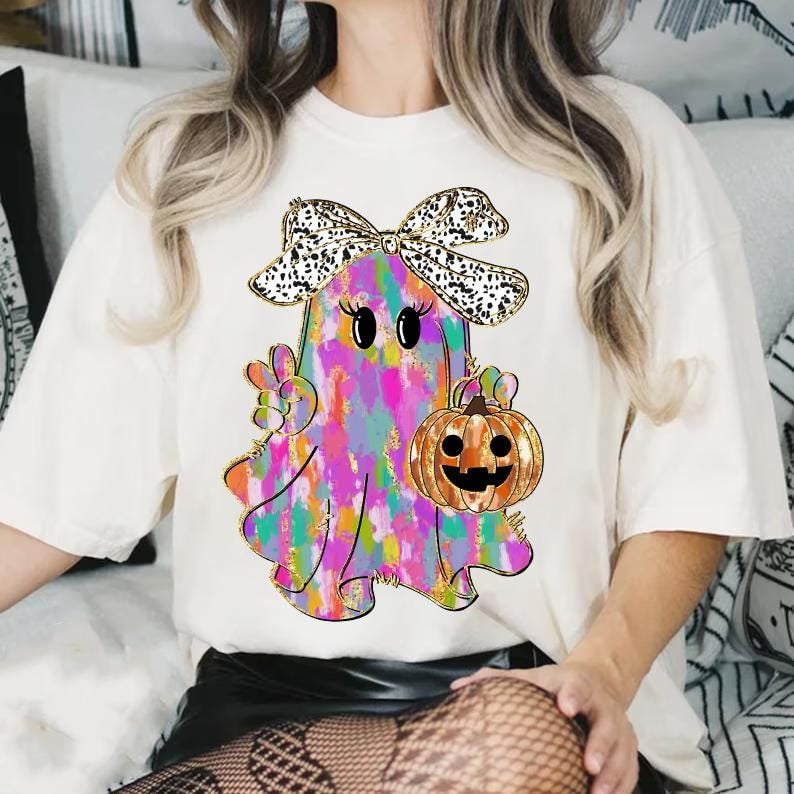 Colorful Coquette Halloween Sweatshirt with Glitter Ghost and Boo Pumpkin, Dalmatian Bow ...