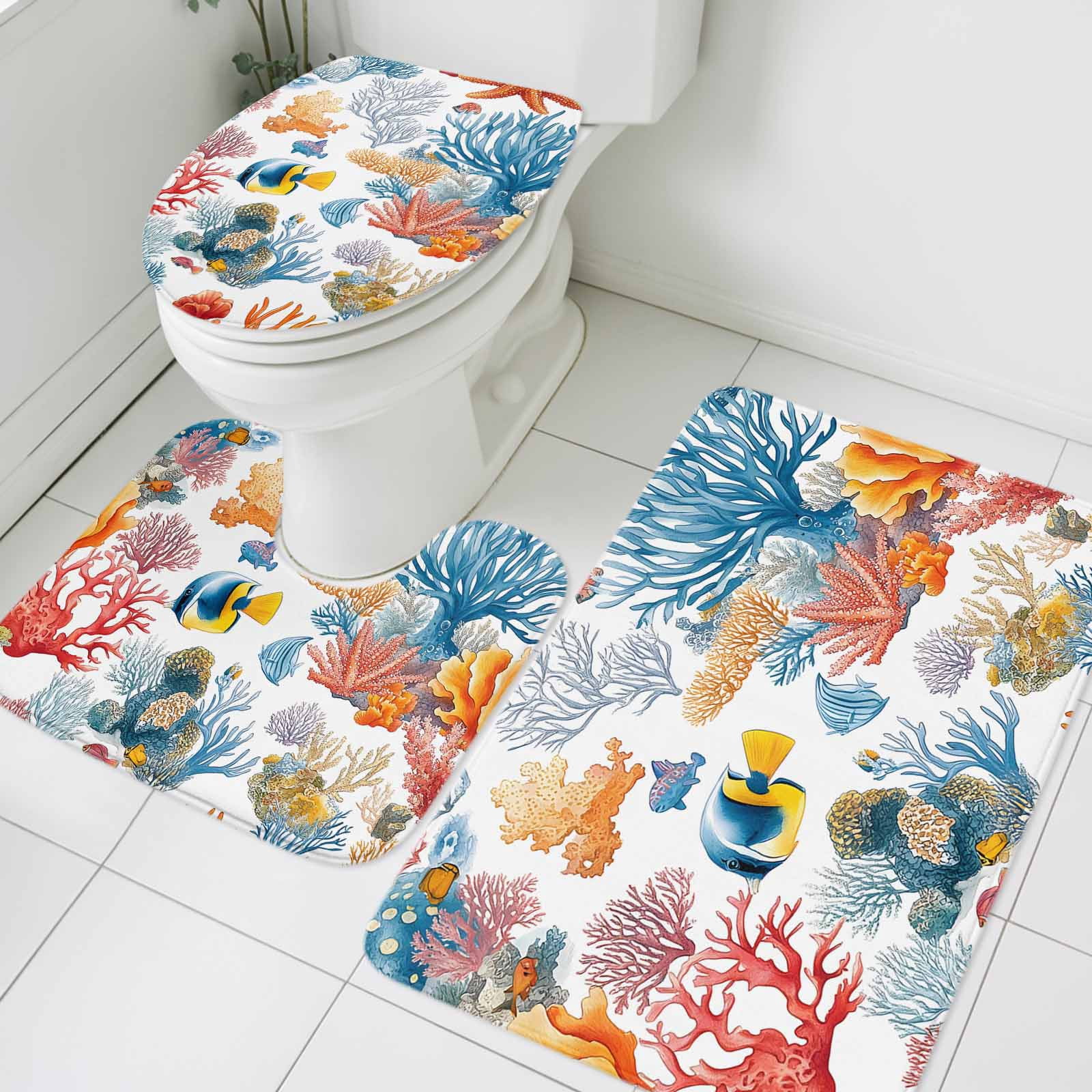Colorful Coral Bathroom Rugs Set Watercolor Fish Non Slip Absorbent ...